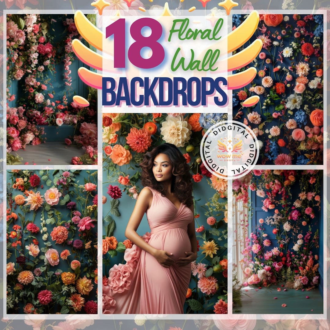 18 Floral Wall Digital Backdrops Set, Elegant Flower Backgrounds ...