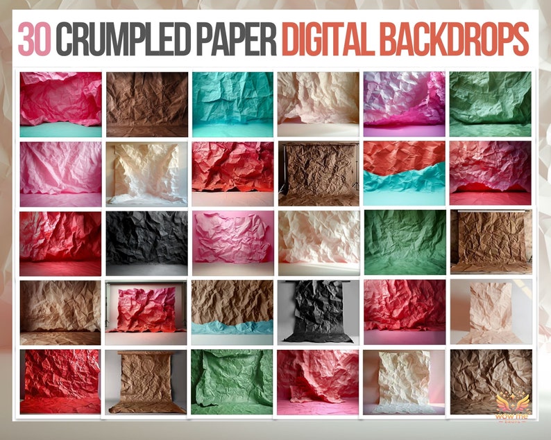 30 Crumpled Paper Digital Backdrop, Fine Art Texture Overlays, Colorful ...