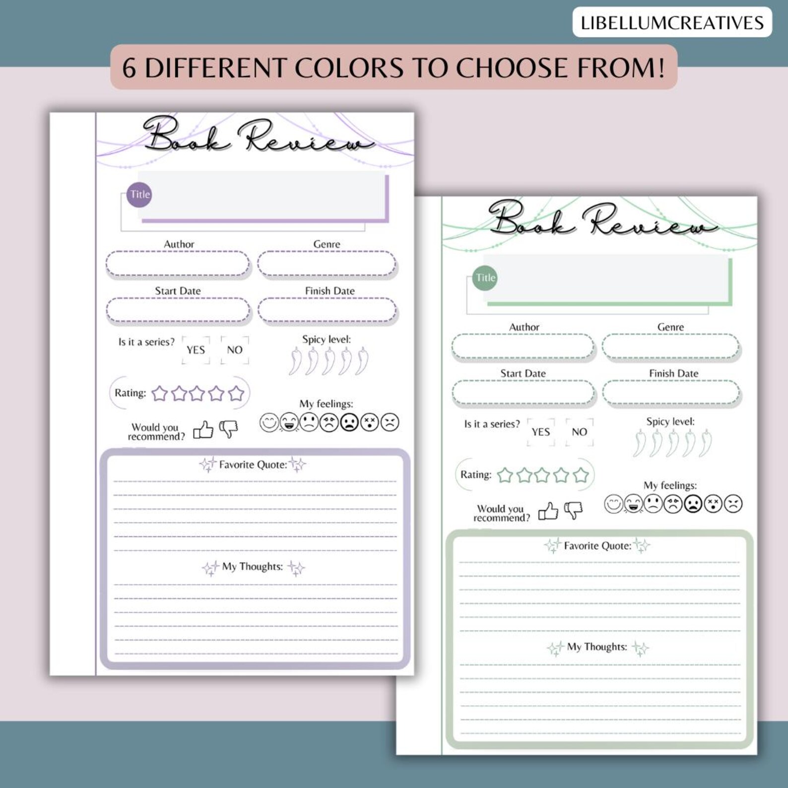 Printable Book Review Template | 6 Color Designs | Digital Download for ...