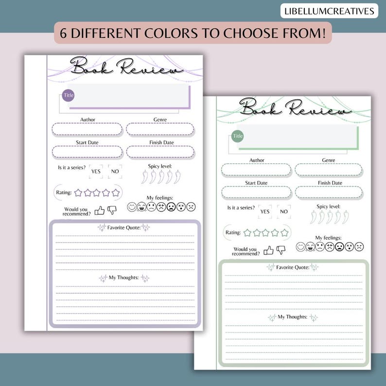 Printable Book Review Template | 6 Color Designs | Digital Download for ...