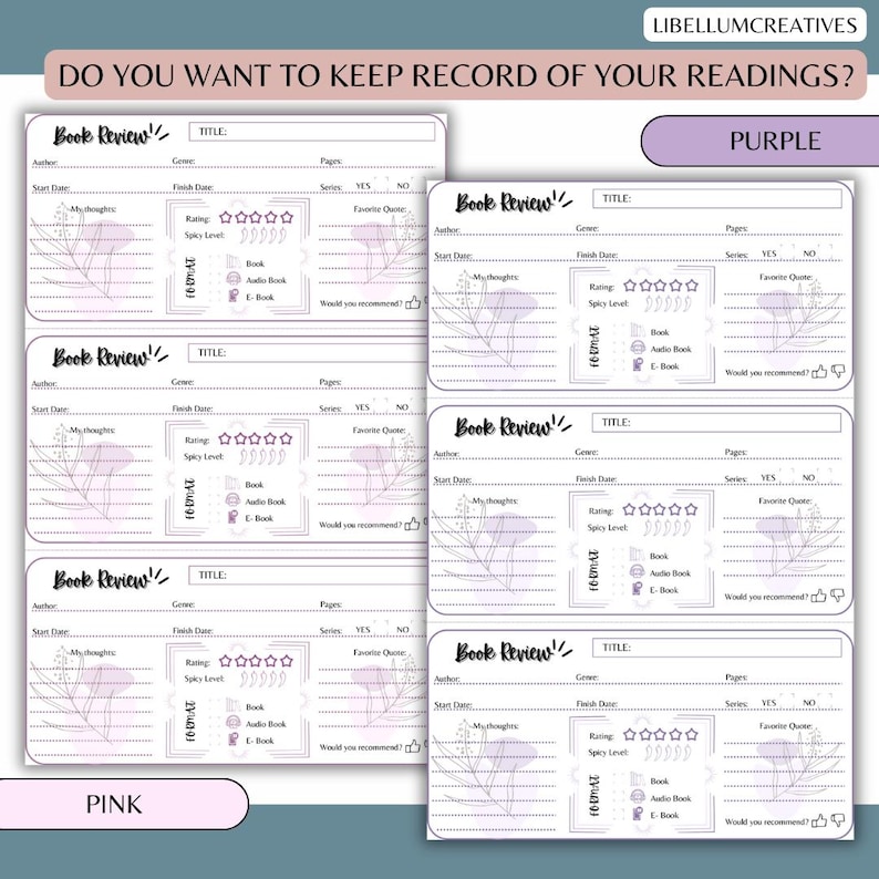 Book Review Printable Templates | 7 Color Designs | Digital Download ...