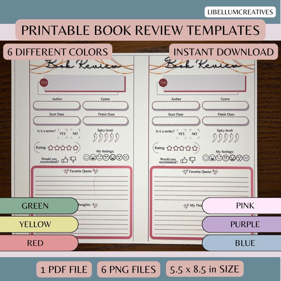 Printable Book Review Template | 6 Color Designs | Digital Download for ...