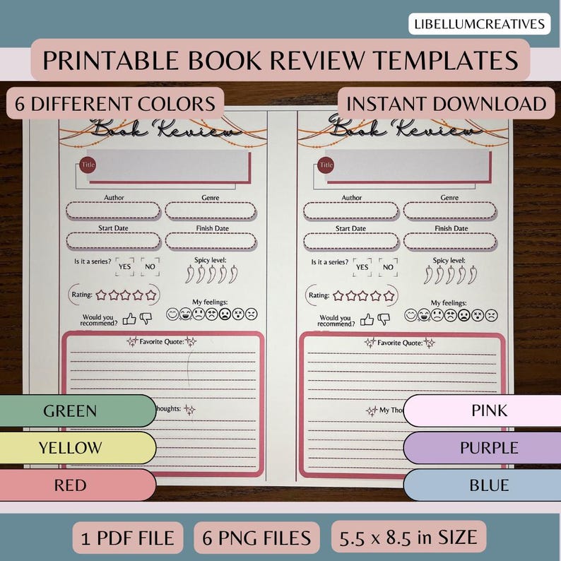 Printable Book Review Template | 6 Color Designs | Digital Download for ...