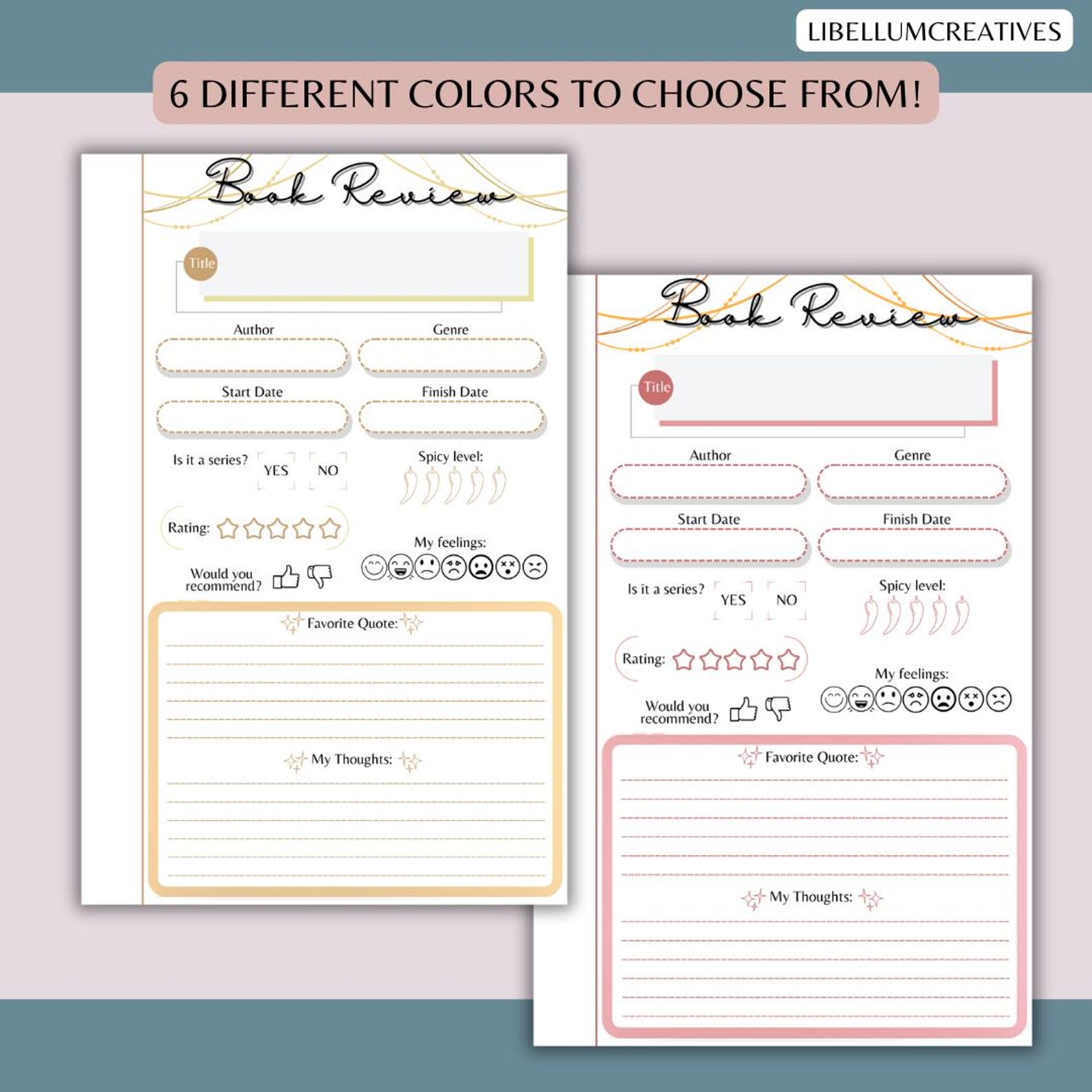 Printable Book Review Template | 6 Color Designs | Digital Download for ...