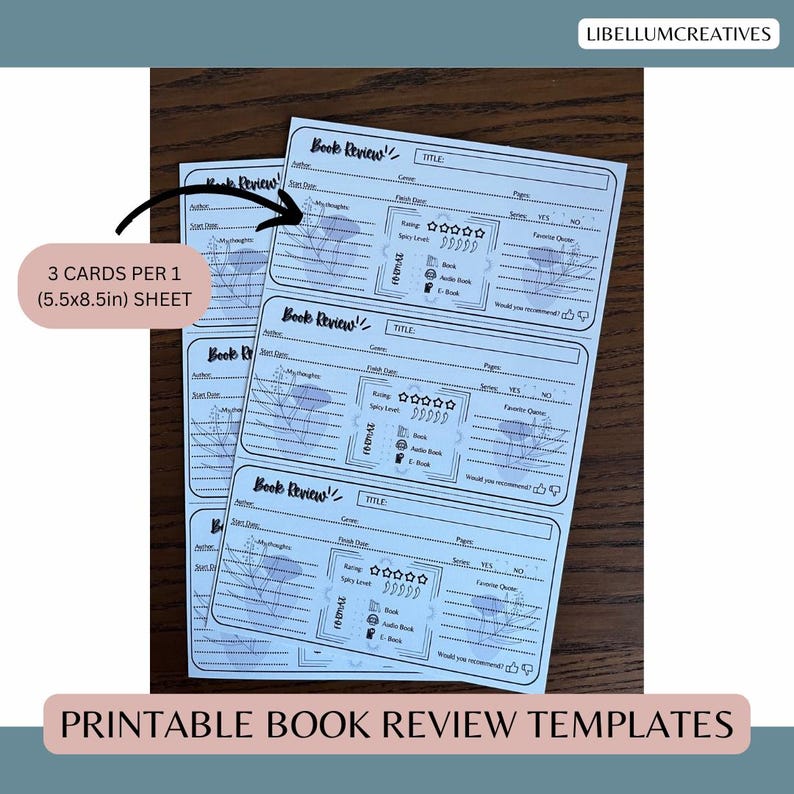 Book Review Printable Templates | 7 Color Designs | Digital Download ...