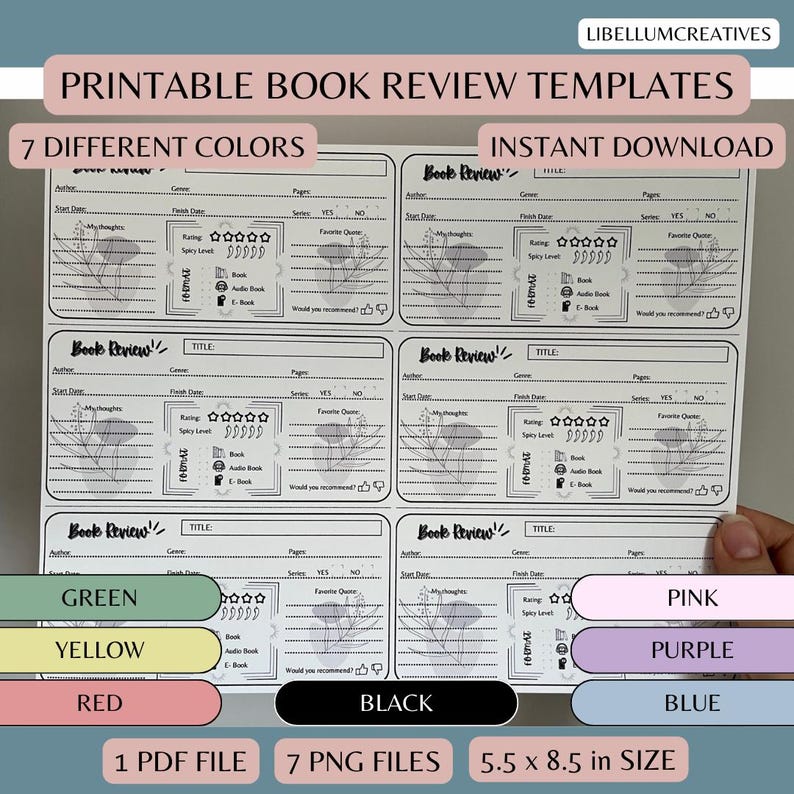 Book Review Printable Templates | 7 Color Designs | Digital Download ...