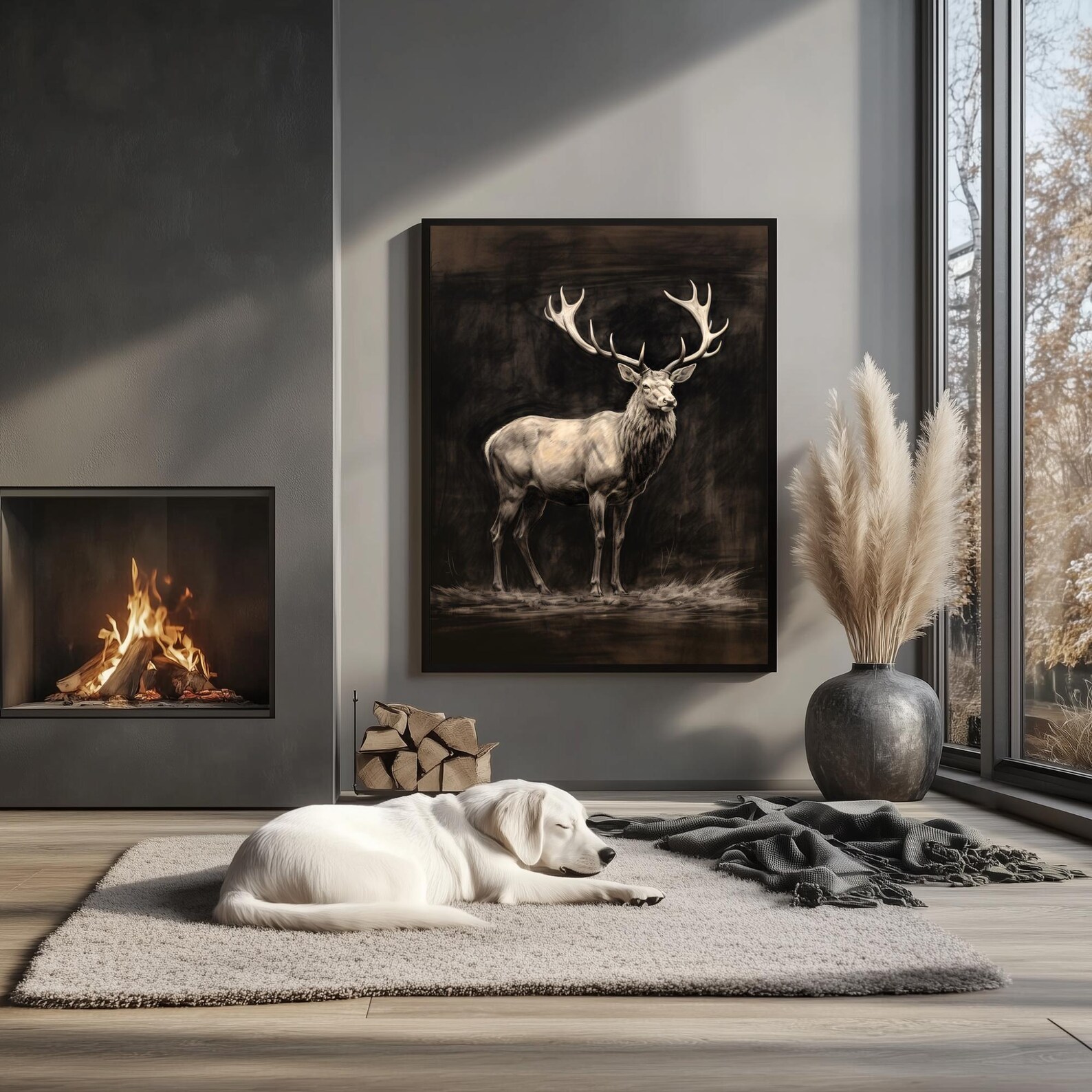 Deer, Stag Printable Charcoal Wall Art. Buck, Forest Animal Wall Decor ...