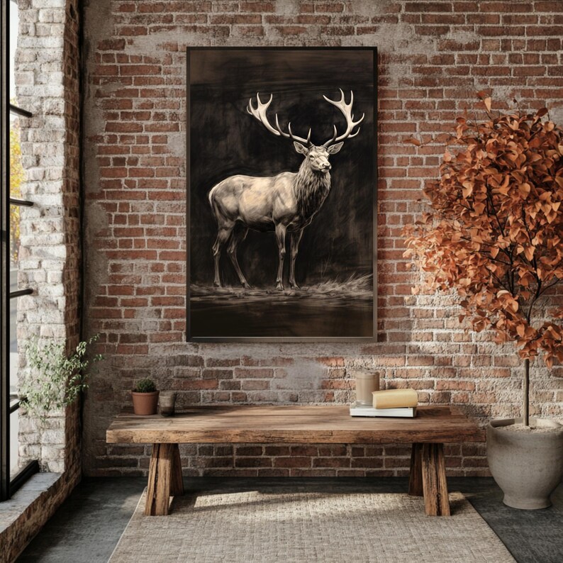 Deer, Stag Printable Charcoal Wall Art. Buck, Forest Animal Wall Decor ...