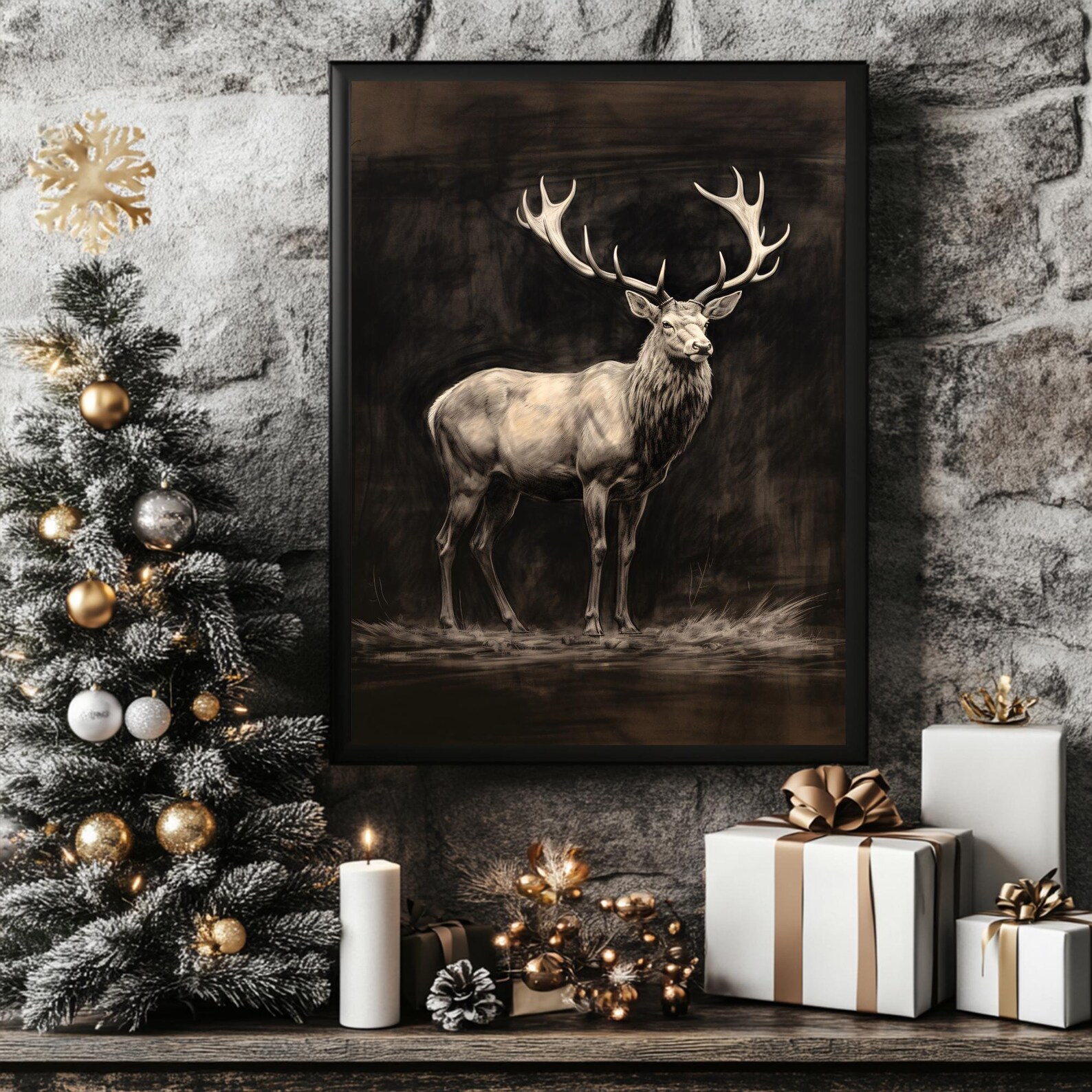 Deer, Stag Printable Charcoal Wall Art. Buck, Forest Animal Wall Decor ...