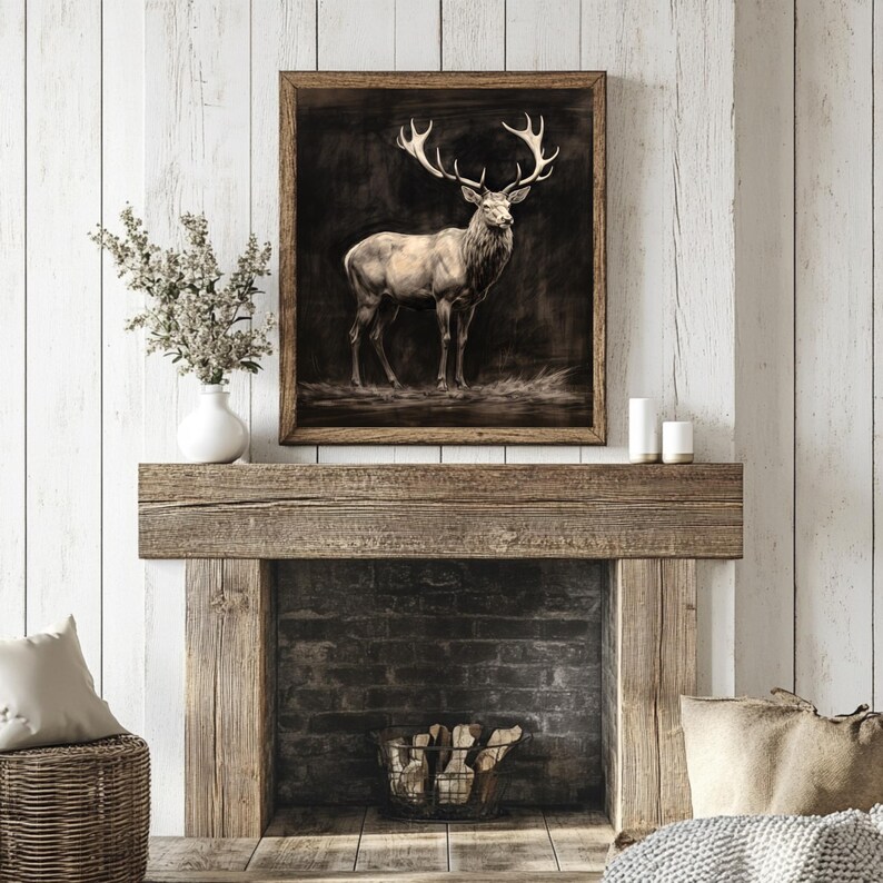 Deer, Stag Printable Charcoal Wall Art. Buck, Forest Animal Wall Decor ...
