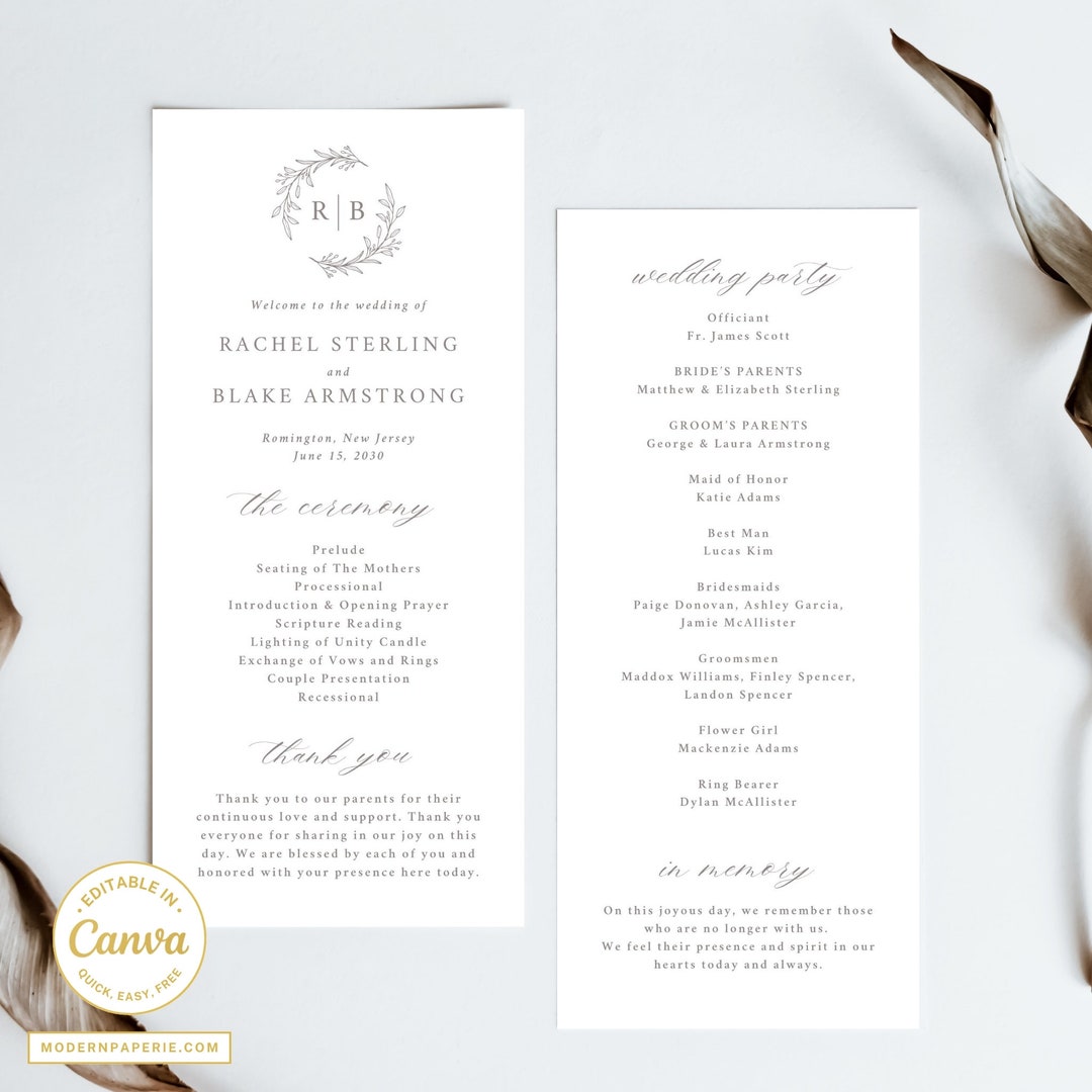 Rustic Wreath Wedding Program Printable Canva Template - Editable Color, Simple, Elegant, DIY ...