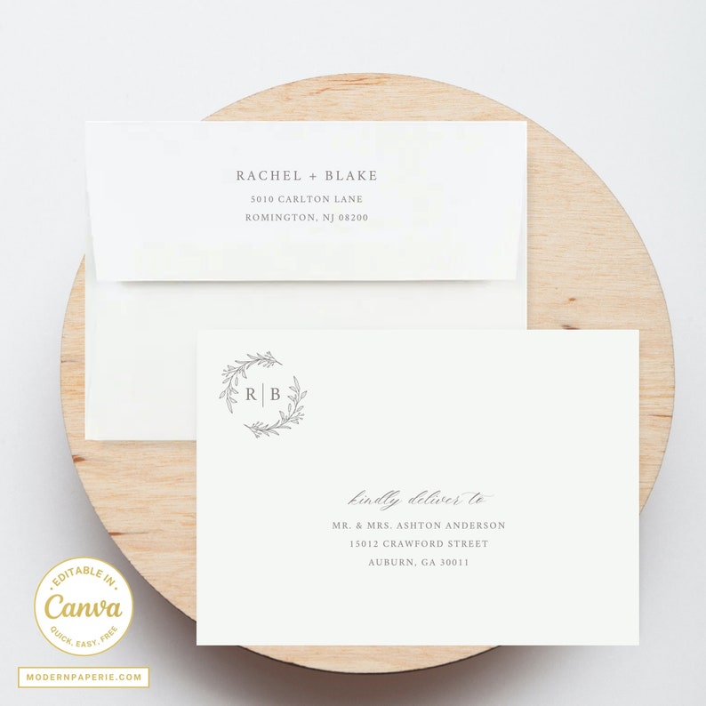 Rustic Wreath Wedding Envelope Addressing Canva Templates for A7 and A1 ...