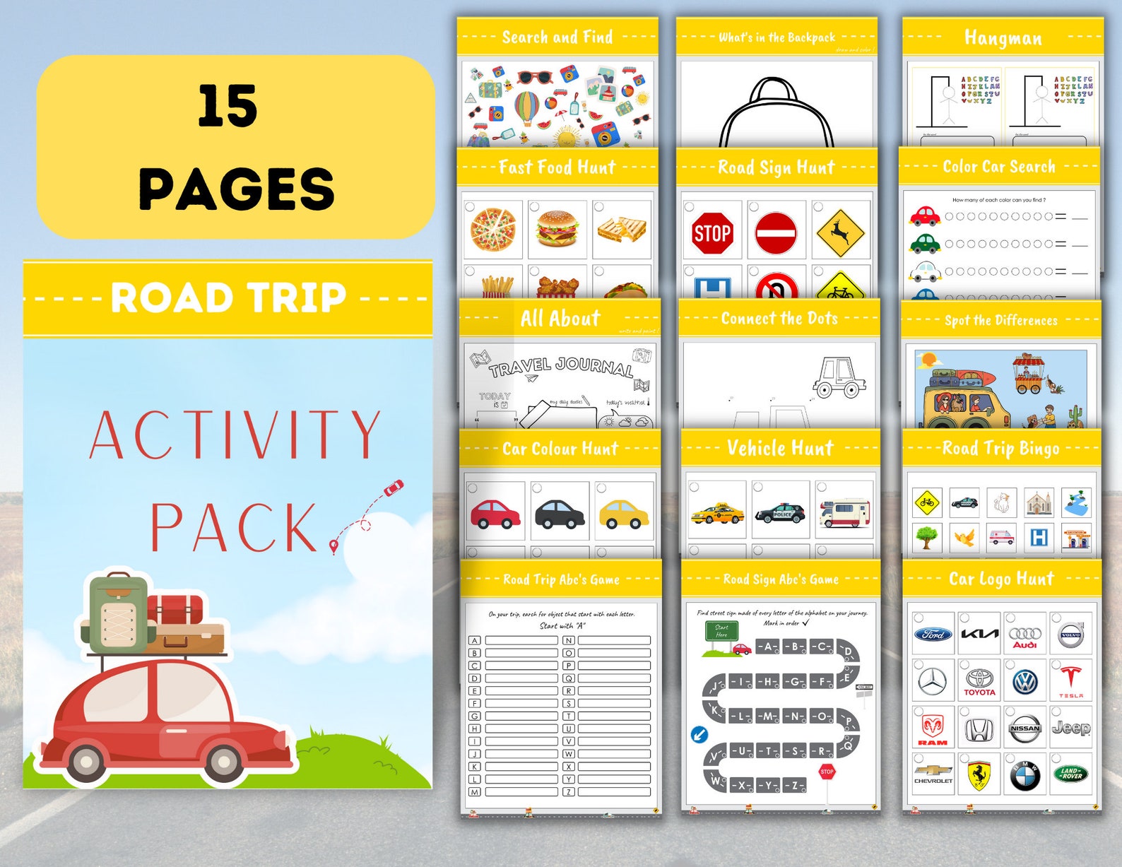 15 Page Digital Travel Activity Set for Kids | Mark Car Colors, Types ...