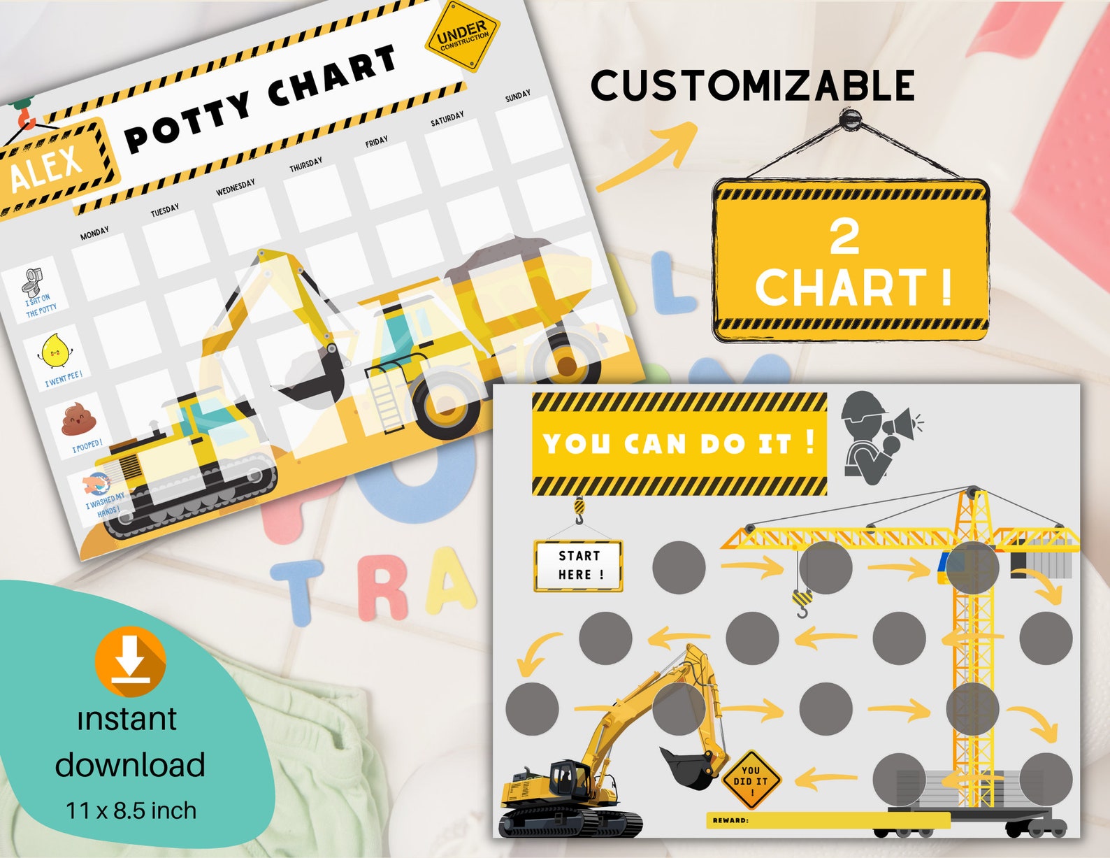 Construction Potty Chart, Printable Potty Training Prize Chart for Kids ...