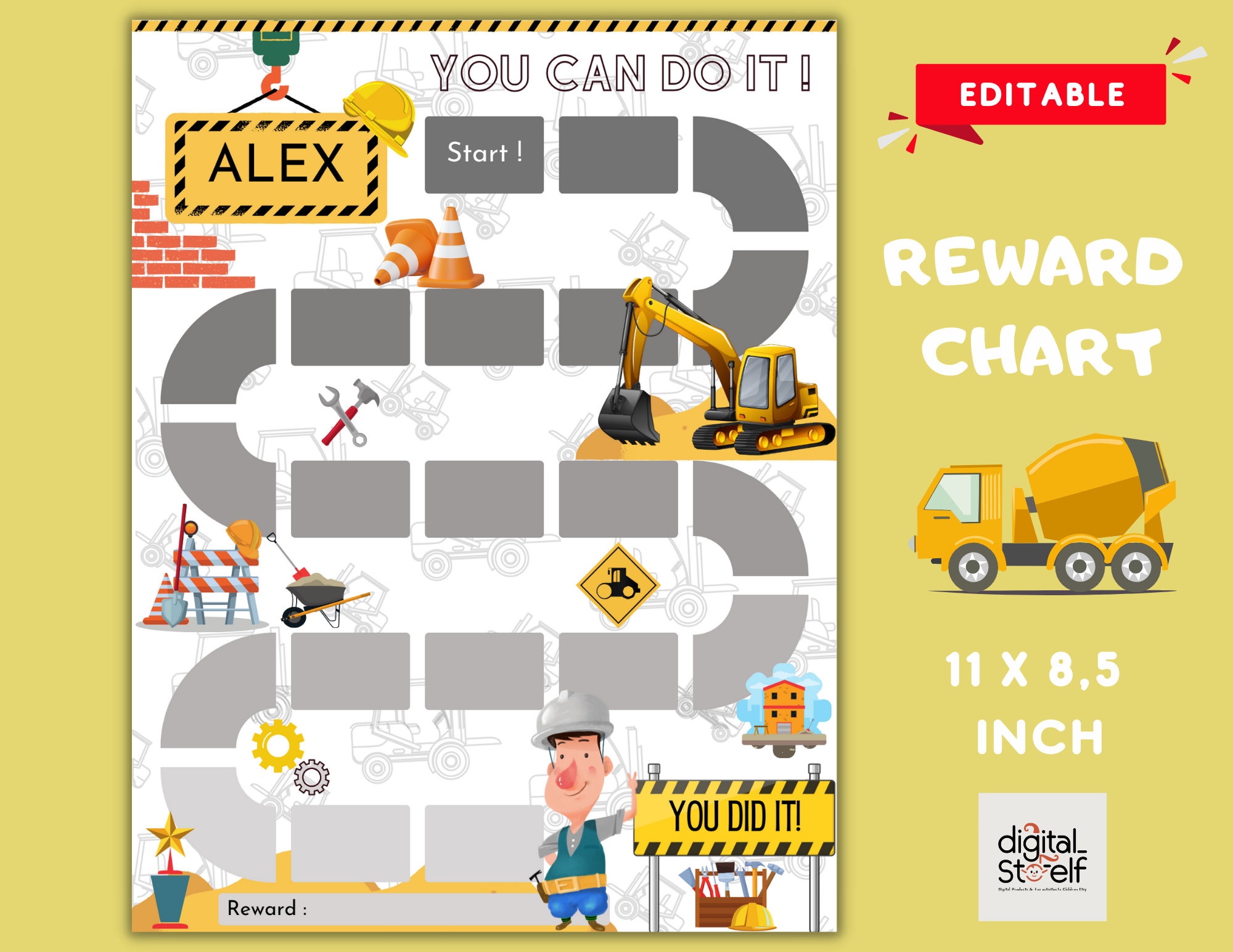 Construction Potty Chart, Printable Potty Training Prize Chart for Kids ...
