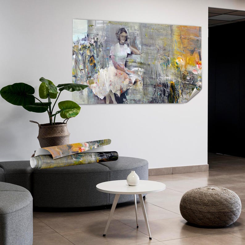Abstract Woman Glass Wall Art, Famous Art Canvas, Grey and Mustard Wall ...
