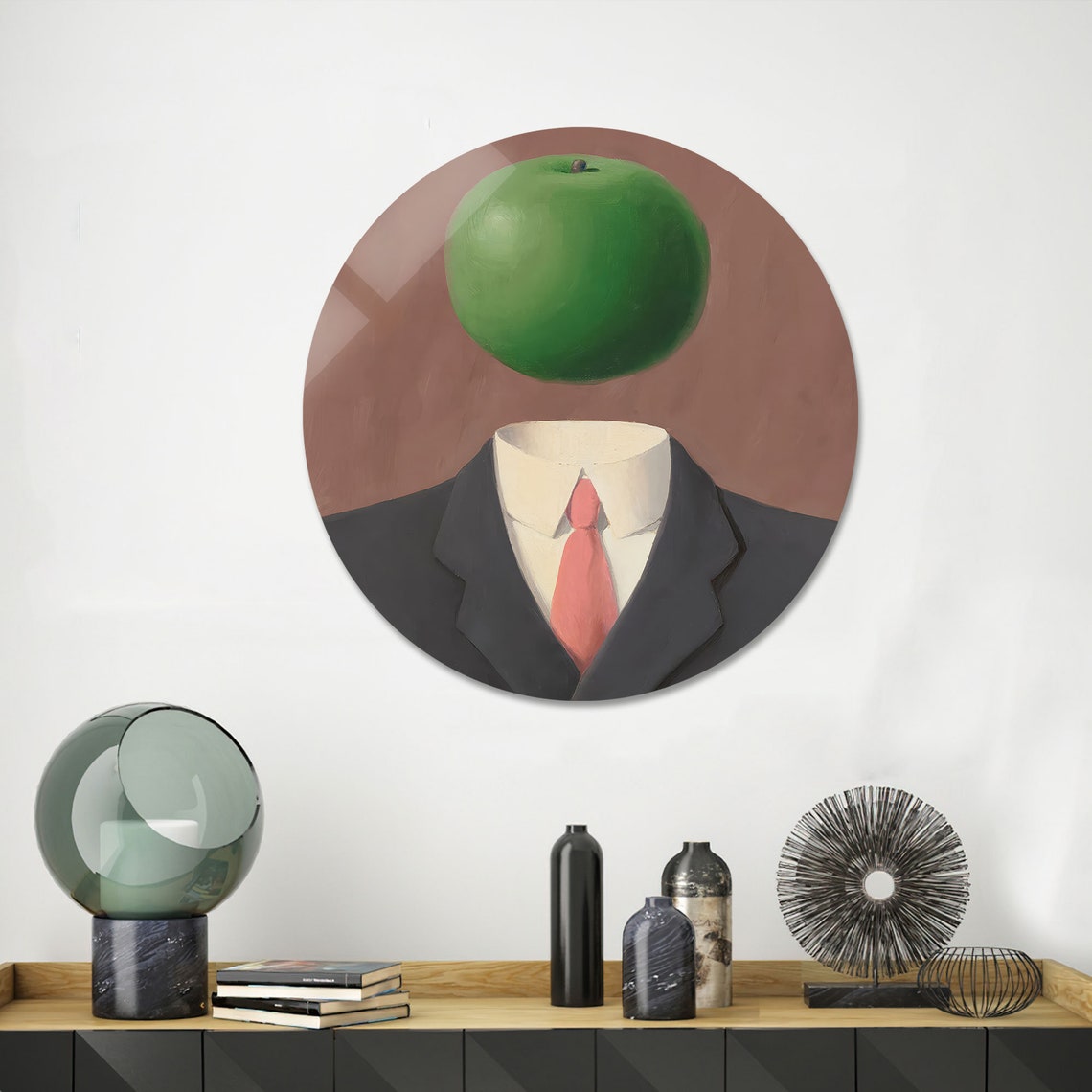 Apple Head Man Glass Wall Art: Surrealist Art Reproduction - Etsy