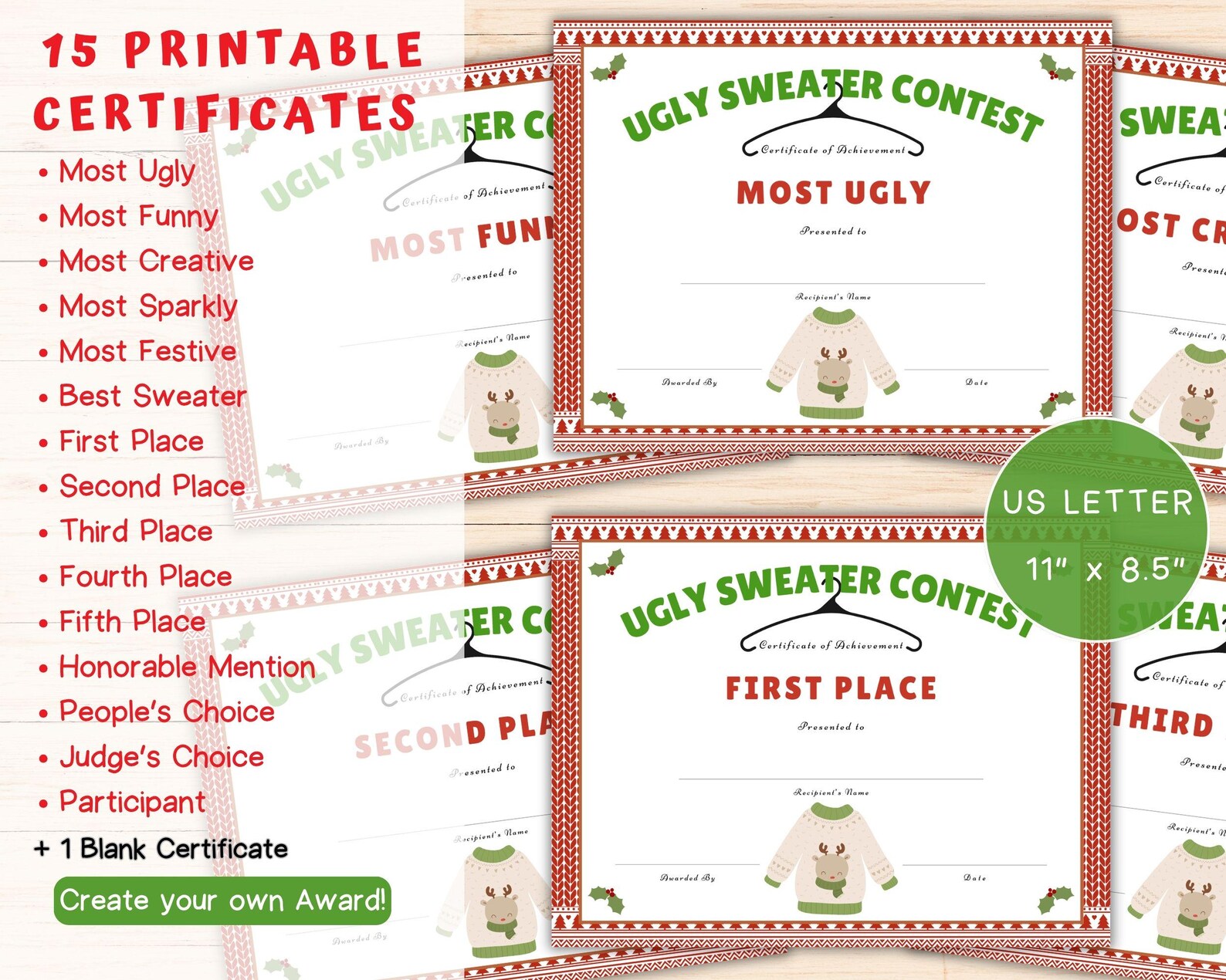Ugly Christmas Sweater Contest Printable Awards, Christmas Award ...