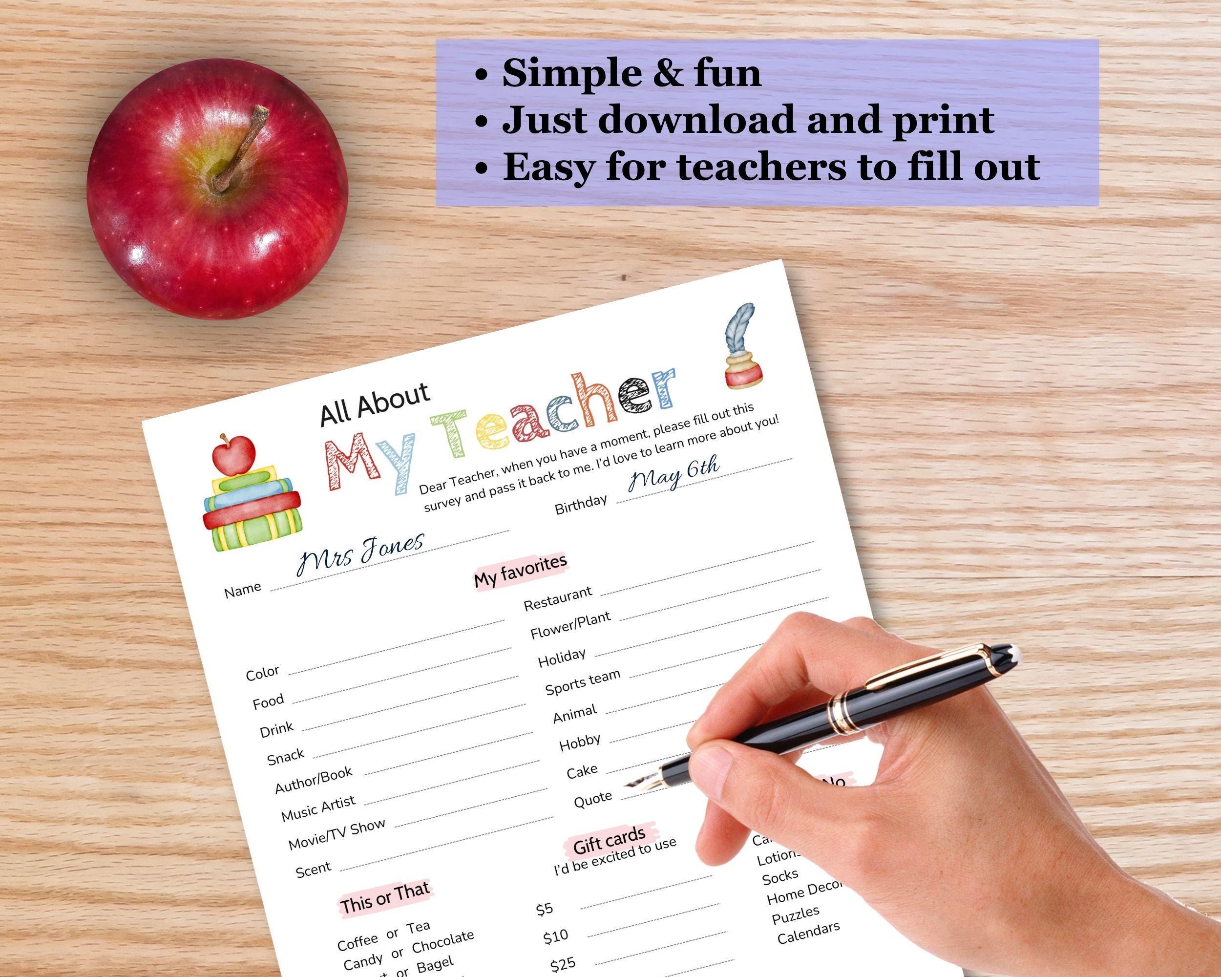 Teacher Favorite Things Questionnaire, All About My Teacher Survey, Get ...