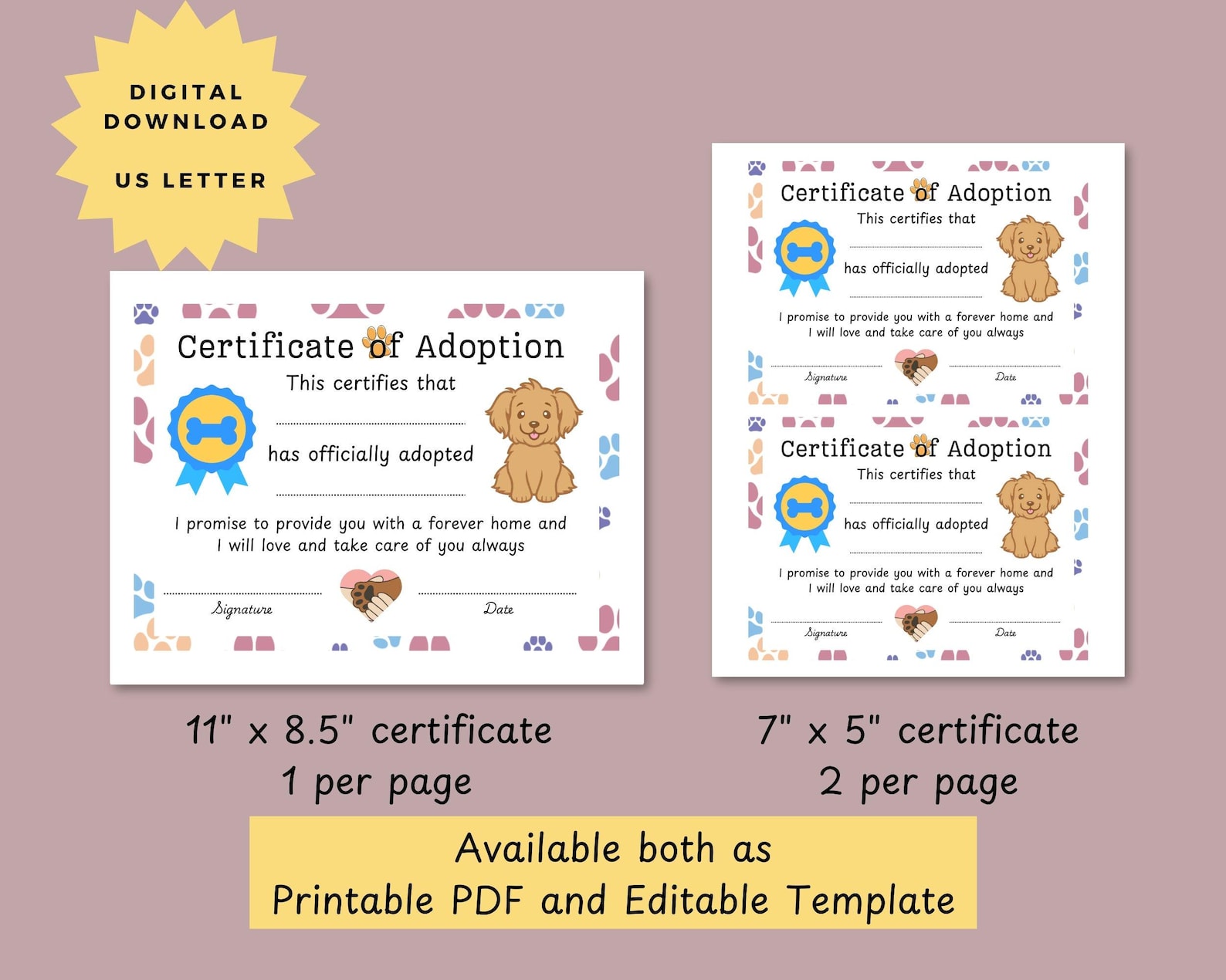 Dog Adoption Certificate Printable, Editable Pet Certificate Template ...