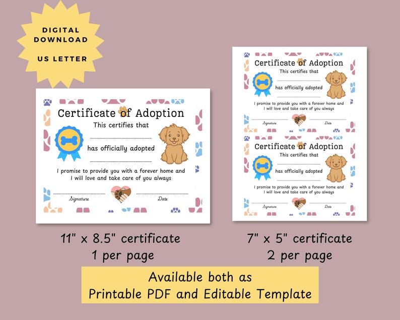 Dog Adoption Certificate Printable, Editable Pet Certificate Template ...