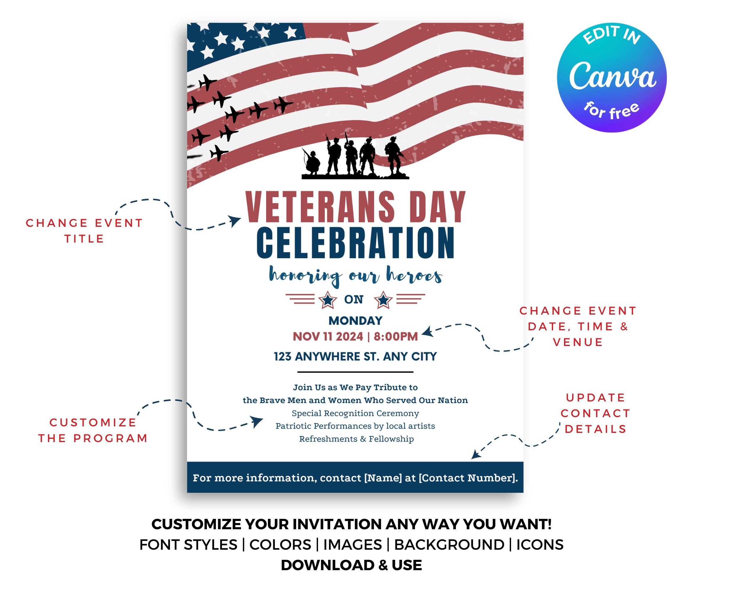 Editable Veterans Day Event Flyer, Animated Invitation Party Template ...