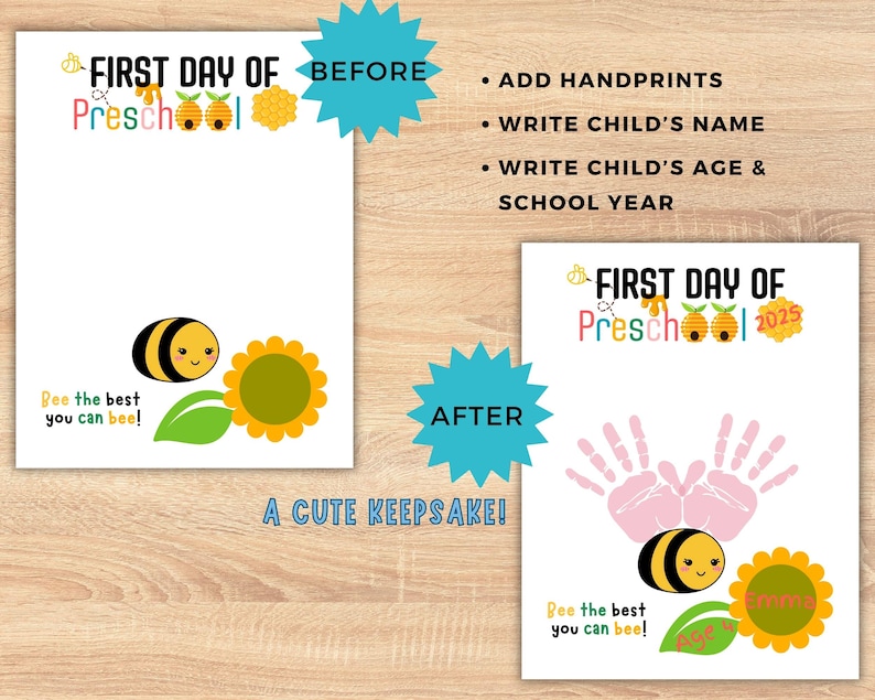 First Day of Preschool Handprint Craft, Preschool Sign Keepsake, Back ...