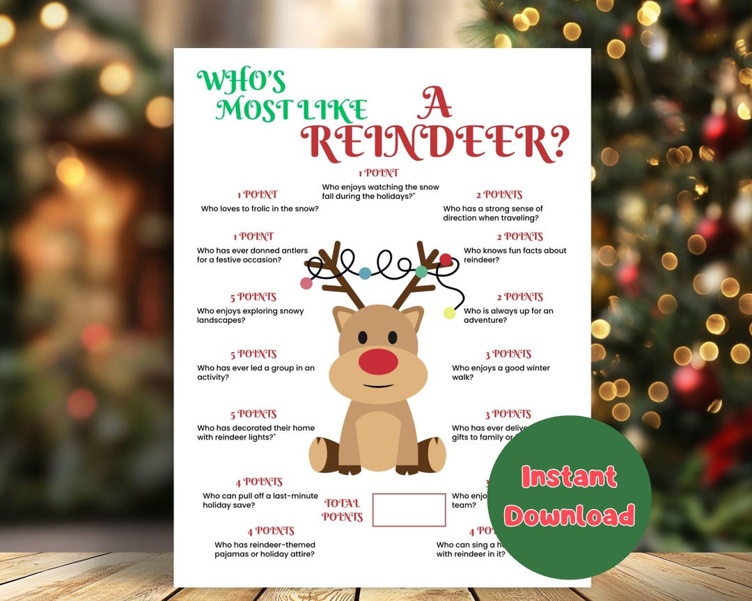 Who is Most Like Reindeer Game, Christmas Party Game, Holiday Trivia ...