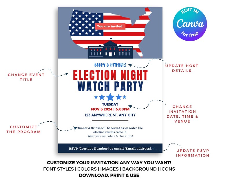 Editable Election Watch Party Invitation, USA Election Night Invitation ...