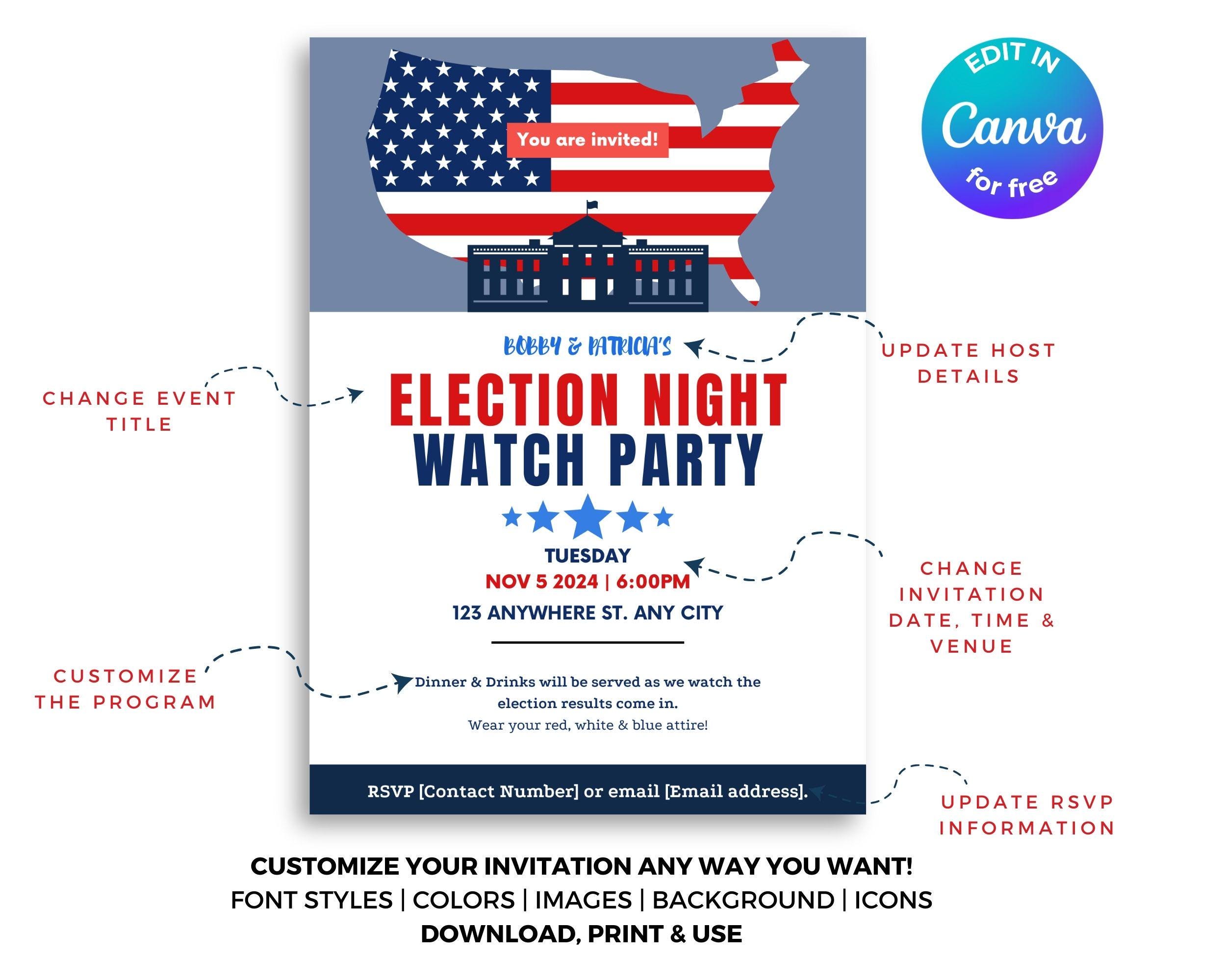 Editable Election Watch Party Invitation, USA Election Night Invitation ...