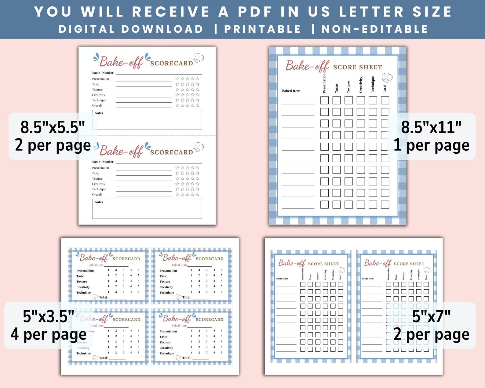 Bake off Score Cards, Baking Contest Score Sheet, Bake off Ballots ...