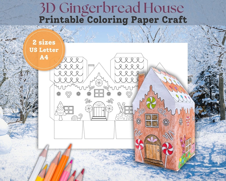 3D Gingerbread Paper House Template, Christmas Coloring Craft for Kids ...