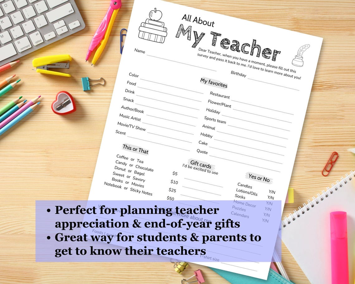 Teacher Favorite Things Questionnaire, All About My Teacher Survey, Get ...