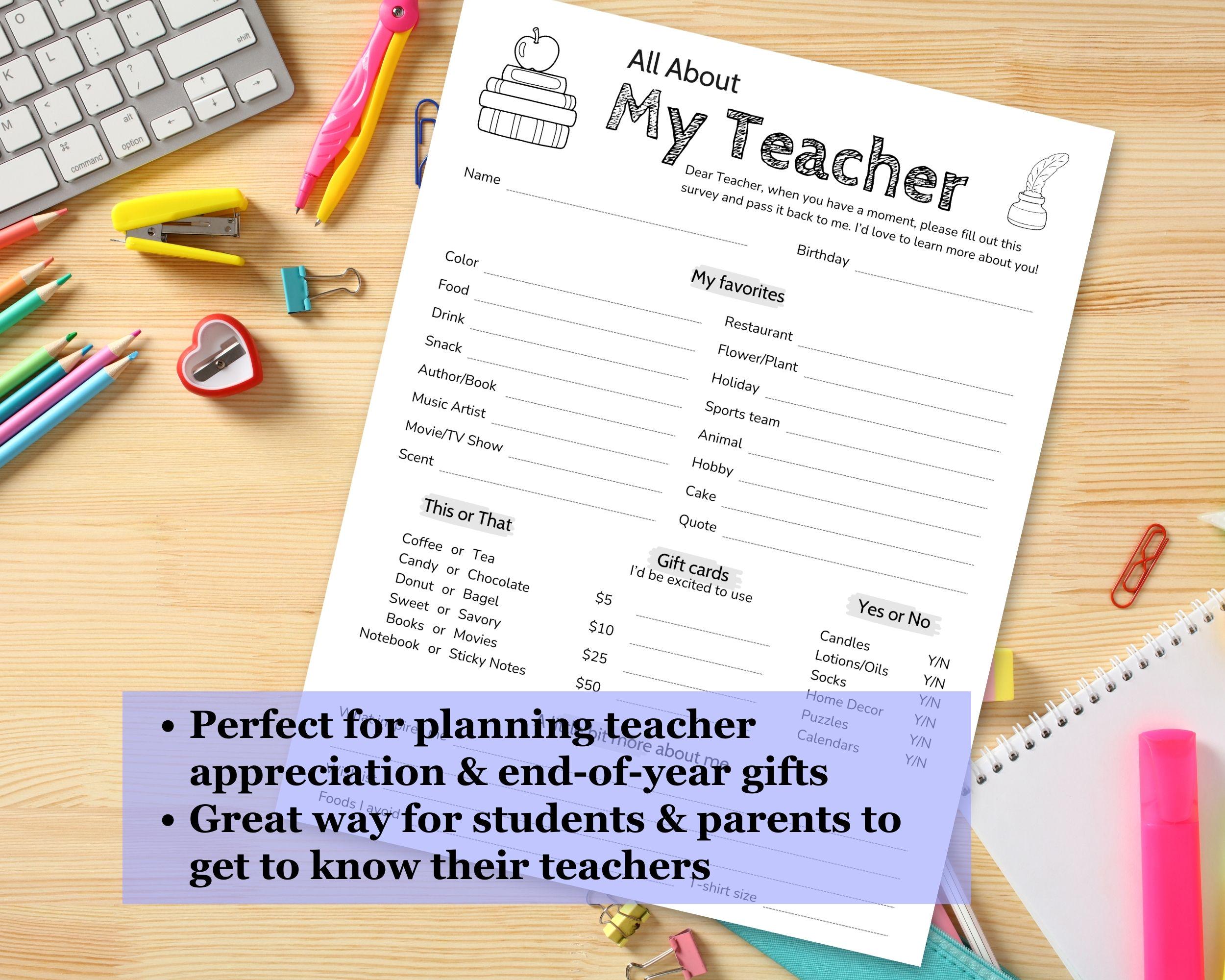Teacher Favorite Things Questionnaire, All About My Teacher Survey, Get ...
