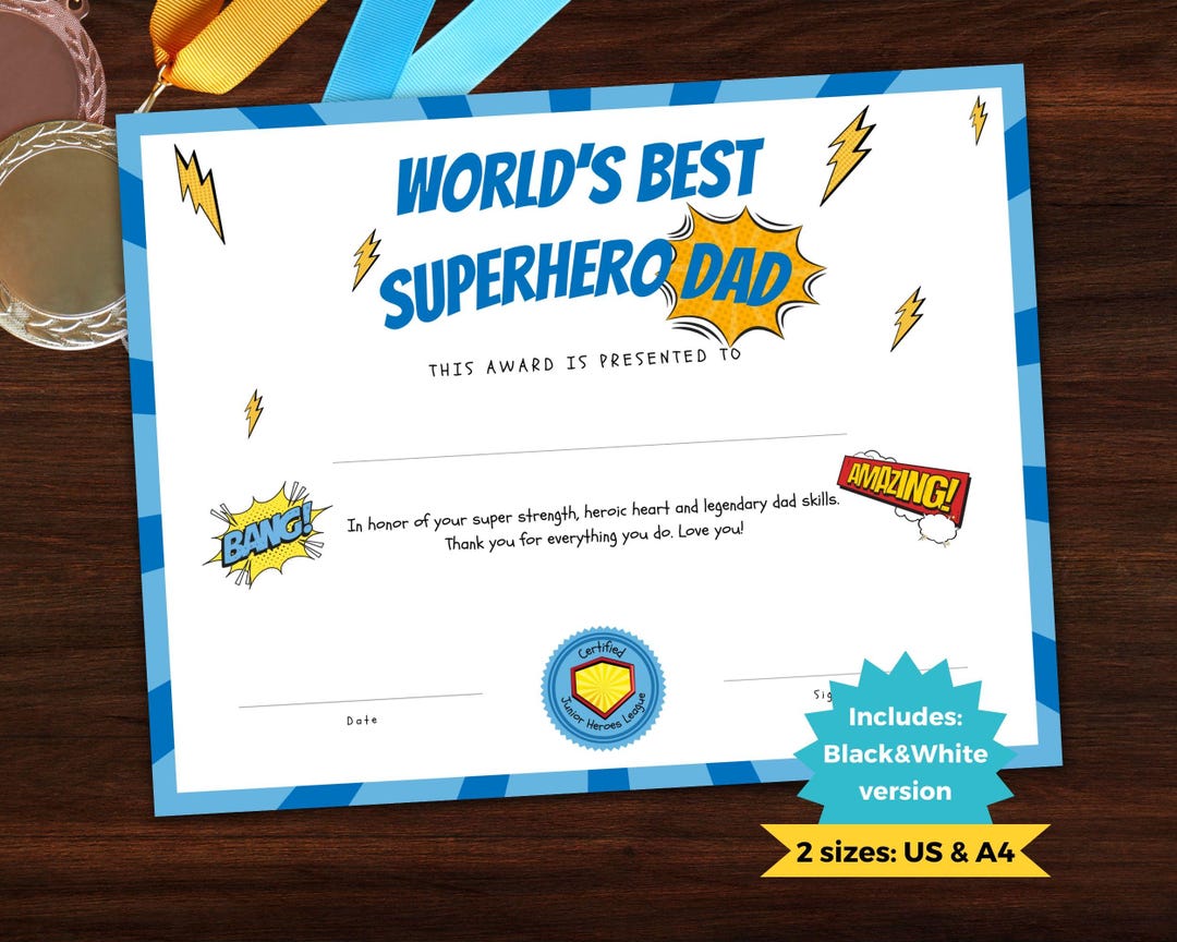Worlds Best Dad Certificate, Fathers Day Super Hero Dad, Best Dad Award ...
