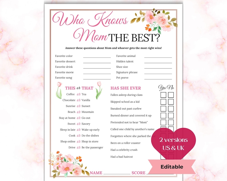 Editable Who Knows Mom Best Mothers Day Brunch Games, All About My Mom ...