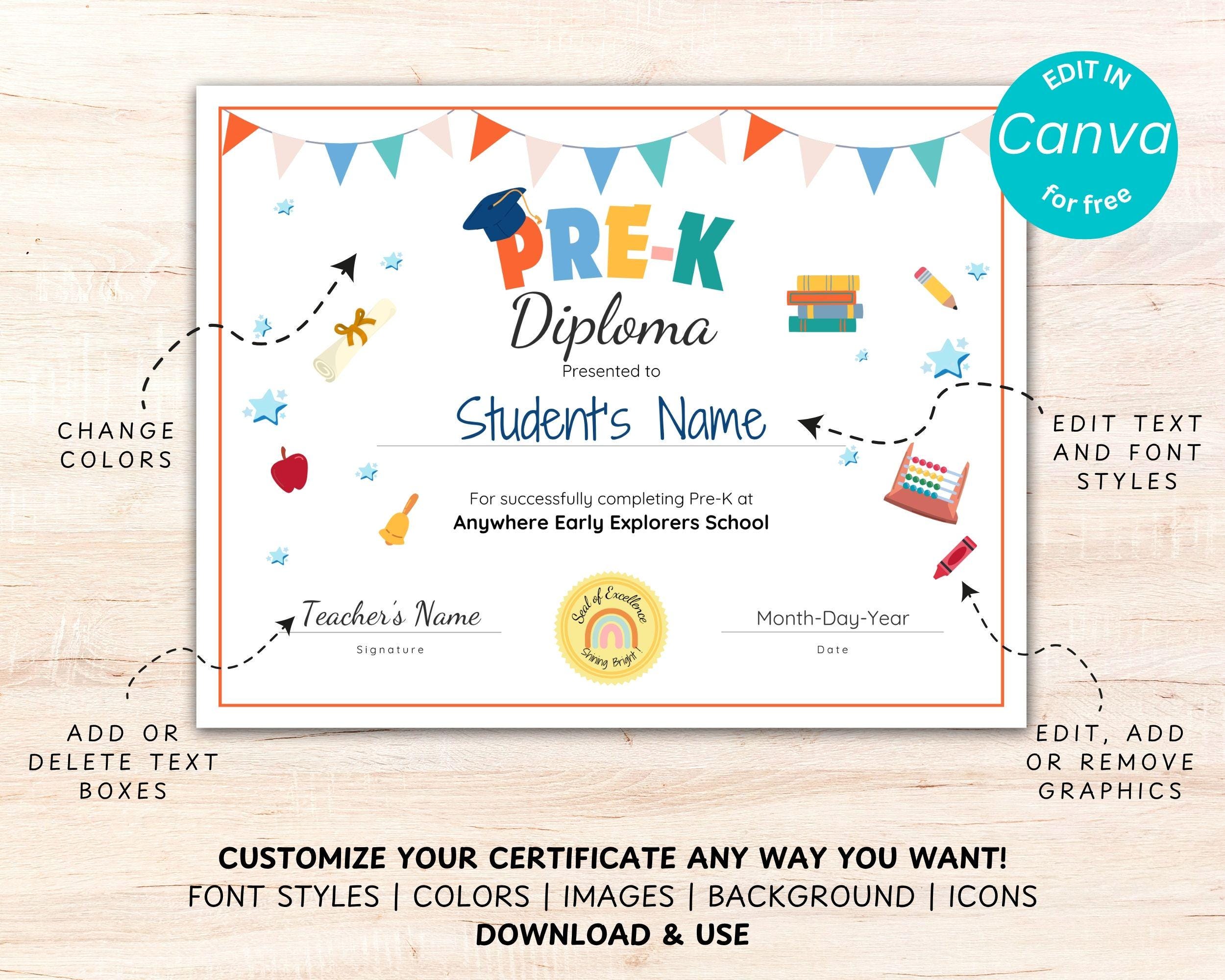 Pre K Graduation Certificate Template, Editable Pre K Diploma Template ...
