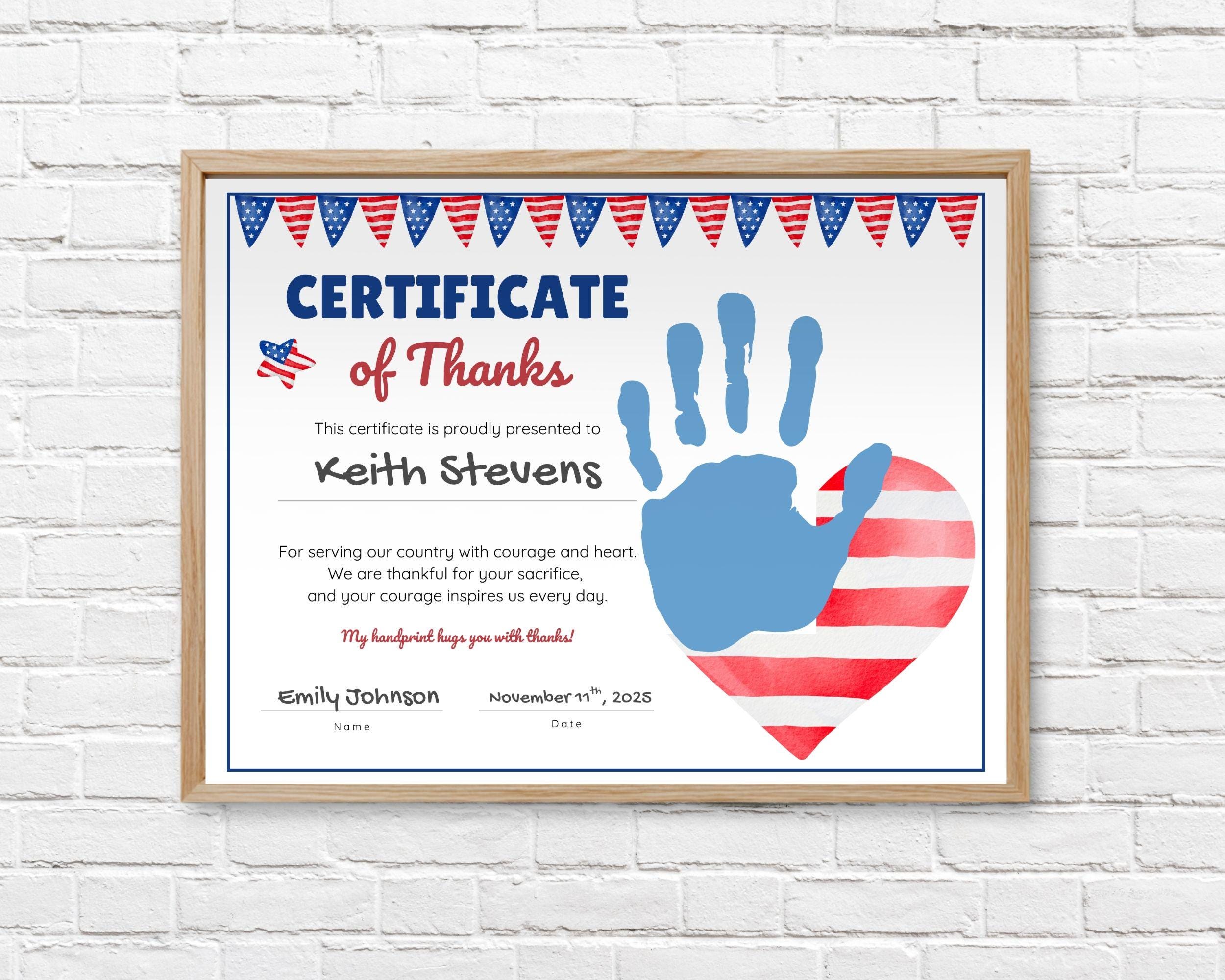 Veterans Day Handprint Craft for Kids, Veteran Appreciation Certificate ...