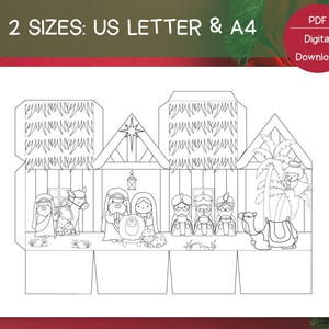 3D Nativity Scene Paper House Template, Christmas Coloring Craft for ...