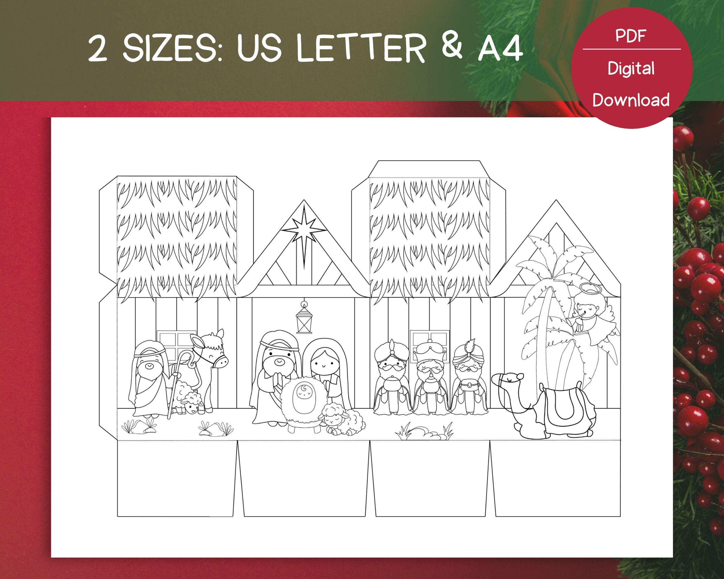 3D Nativity Scene Paper House Template, Christmas Coloring Craft for ...