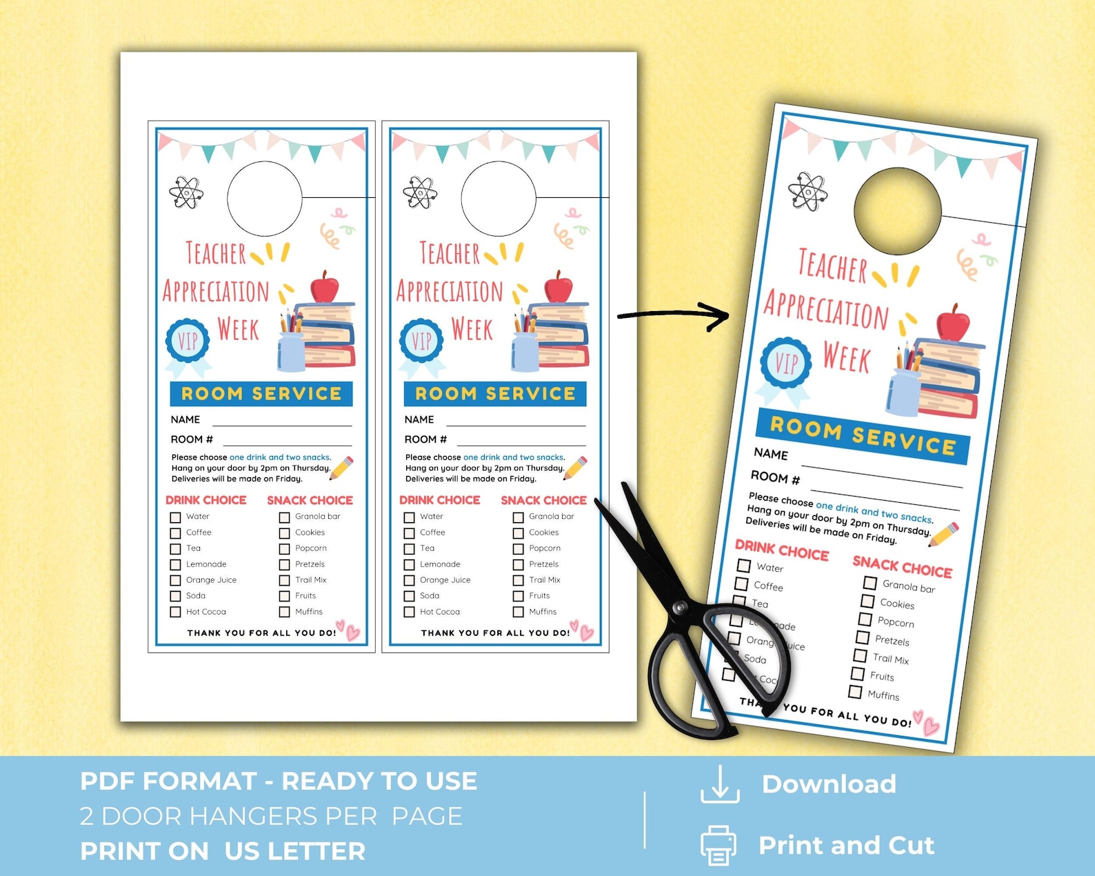 Teacher Appreciation Week Door Hanger, Editable VIP Room Service Staff ...