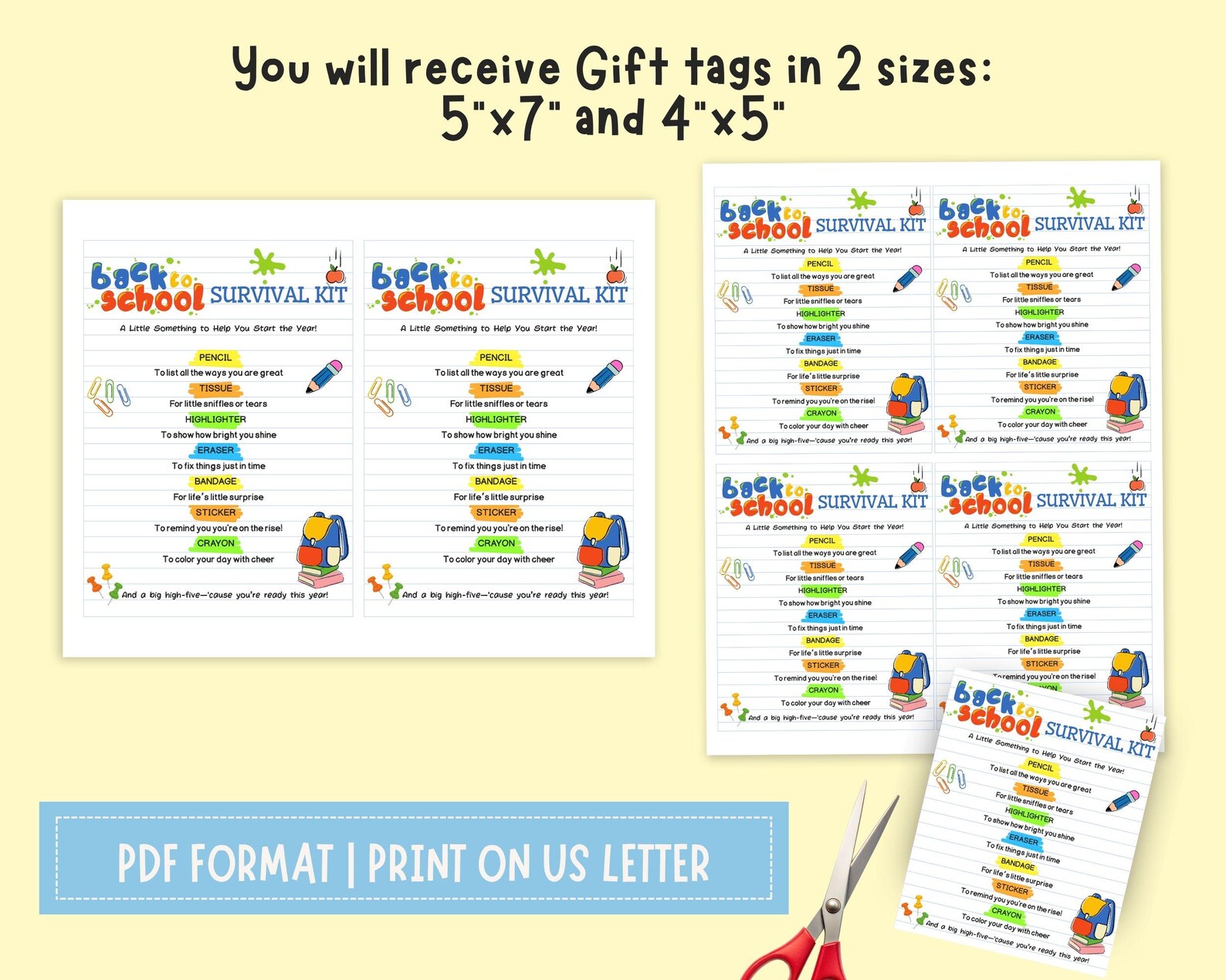 Back to School Survival Kit Tags, First Day of School Student Survival ...