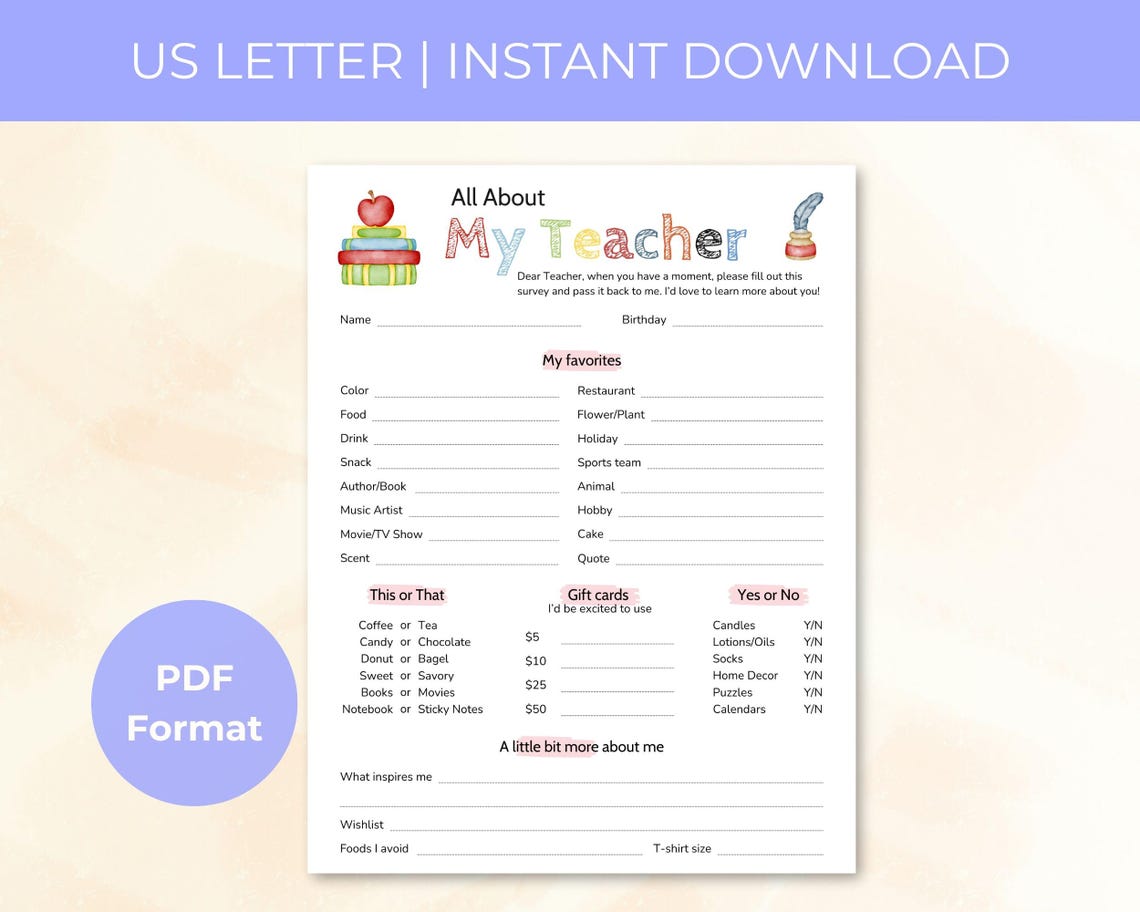 Teacher Favorite Things Questionnaire, All About My Teacher Survey, Get ...