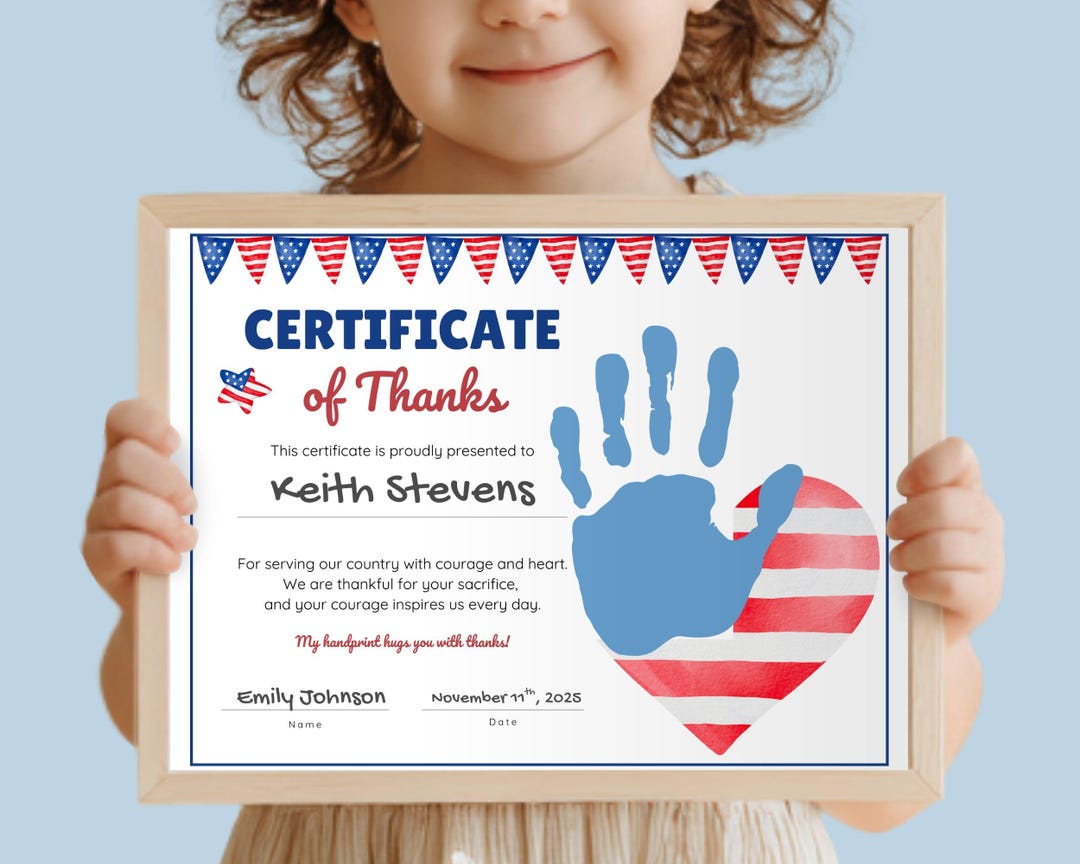 Veterans Day Handprint Craft for Kids, Veteran Appreciation Certificate ...