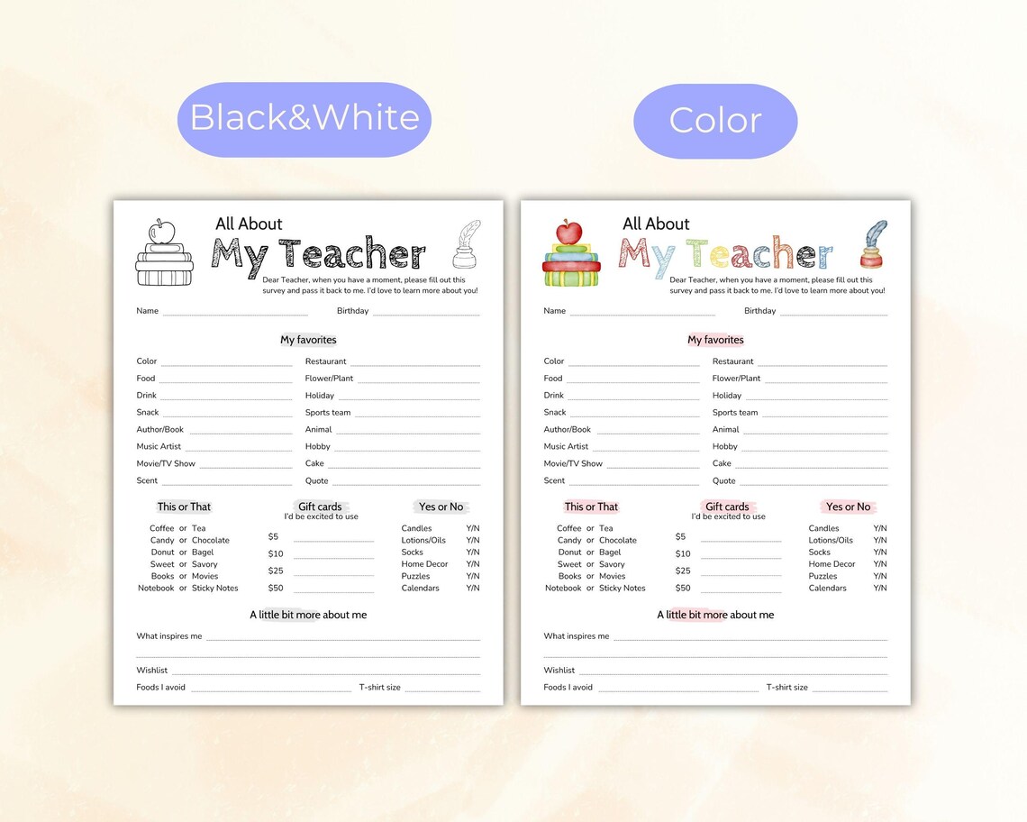 Teacher Favorite Things Questionnaire, All About My Teacher Survey, Get ...