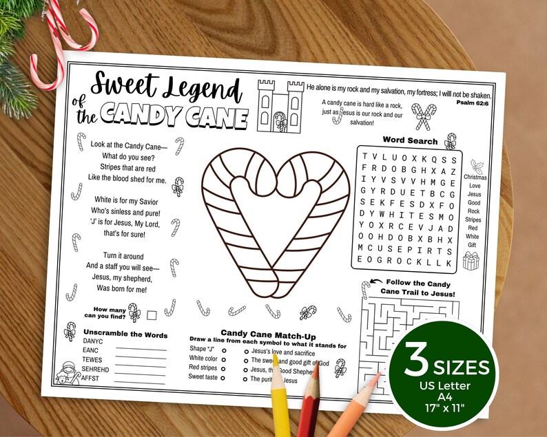Legend of the Candy Cane Activity Placemat, Candy Cane Story of Jesus ...
