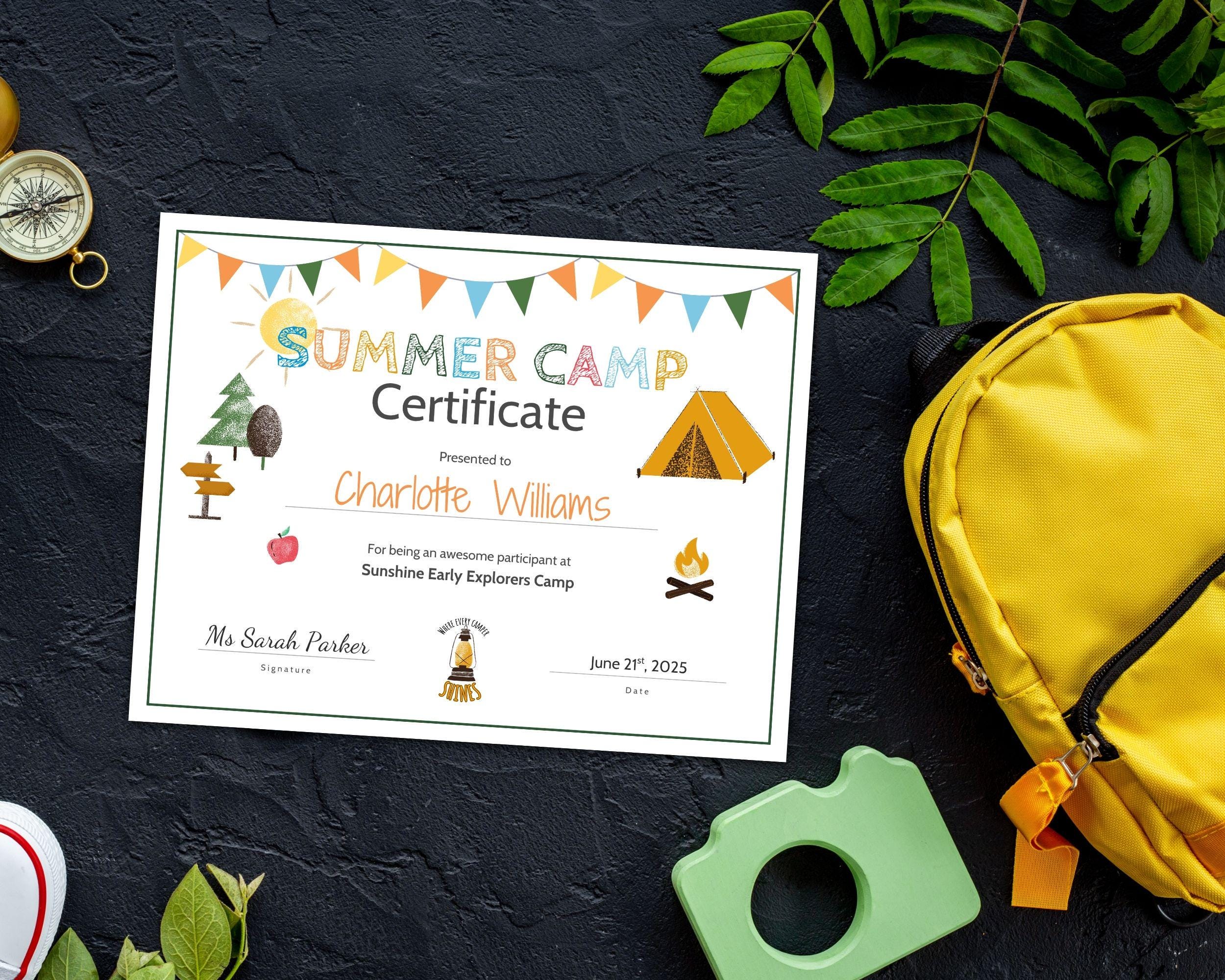 Summer Camp Editable Certificate Template, at Home Summer Camp Awards ...