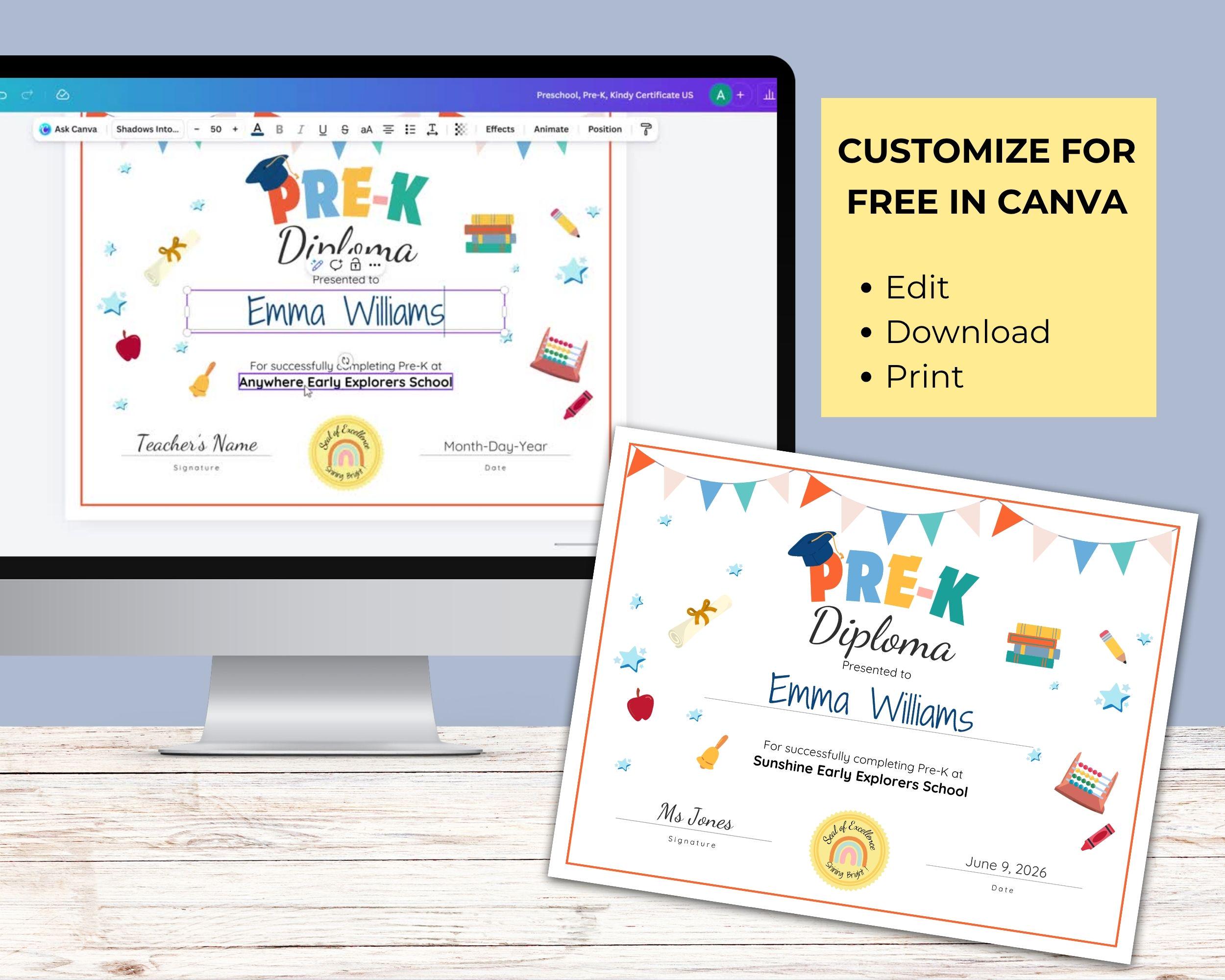Pre K Graduation Certificate Template, Editable Pre K Diploma Template ...