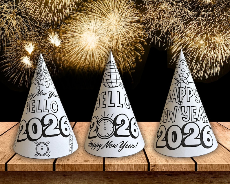 2026 New Year Party Hat, Make Your Own Hat Coloring Pages, New Years ...