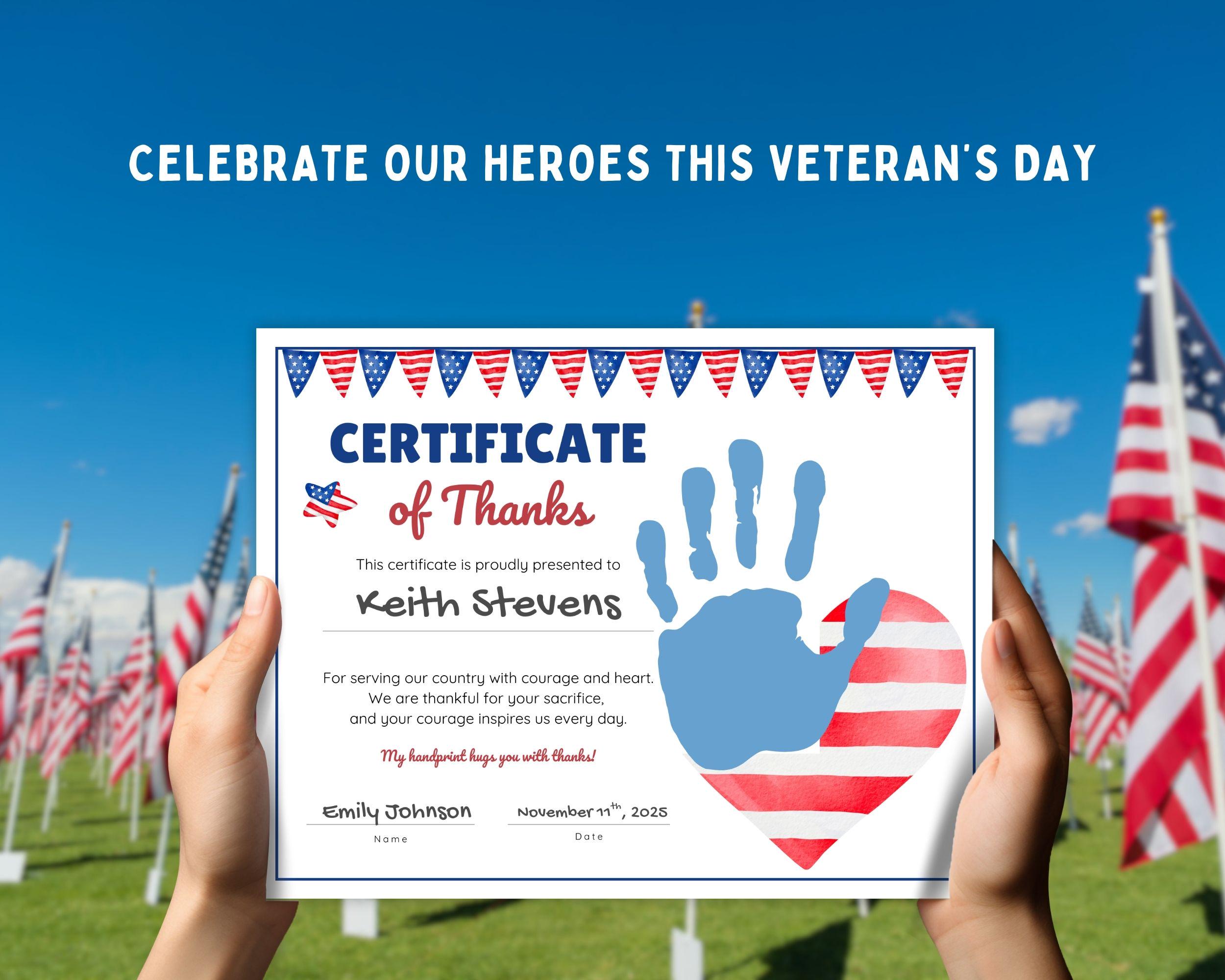Veterans Day Handprint Craft for Kids, Veteran Appreciation Certificate ...